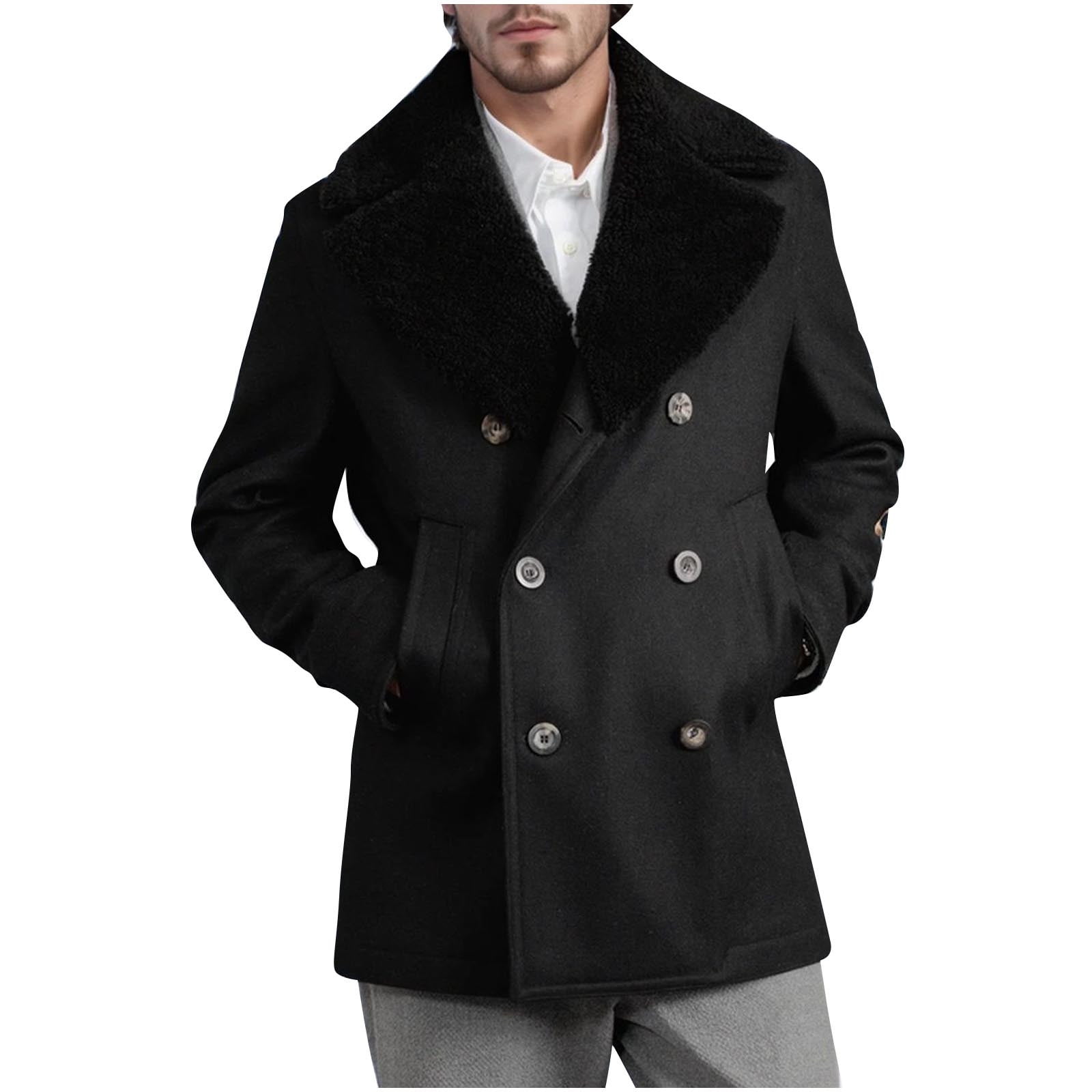 Penkiiy Mens Classic Pea Coat Classic Notched Lapels Double Breasted ...