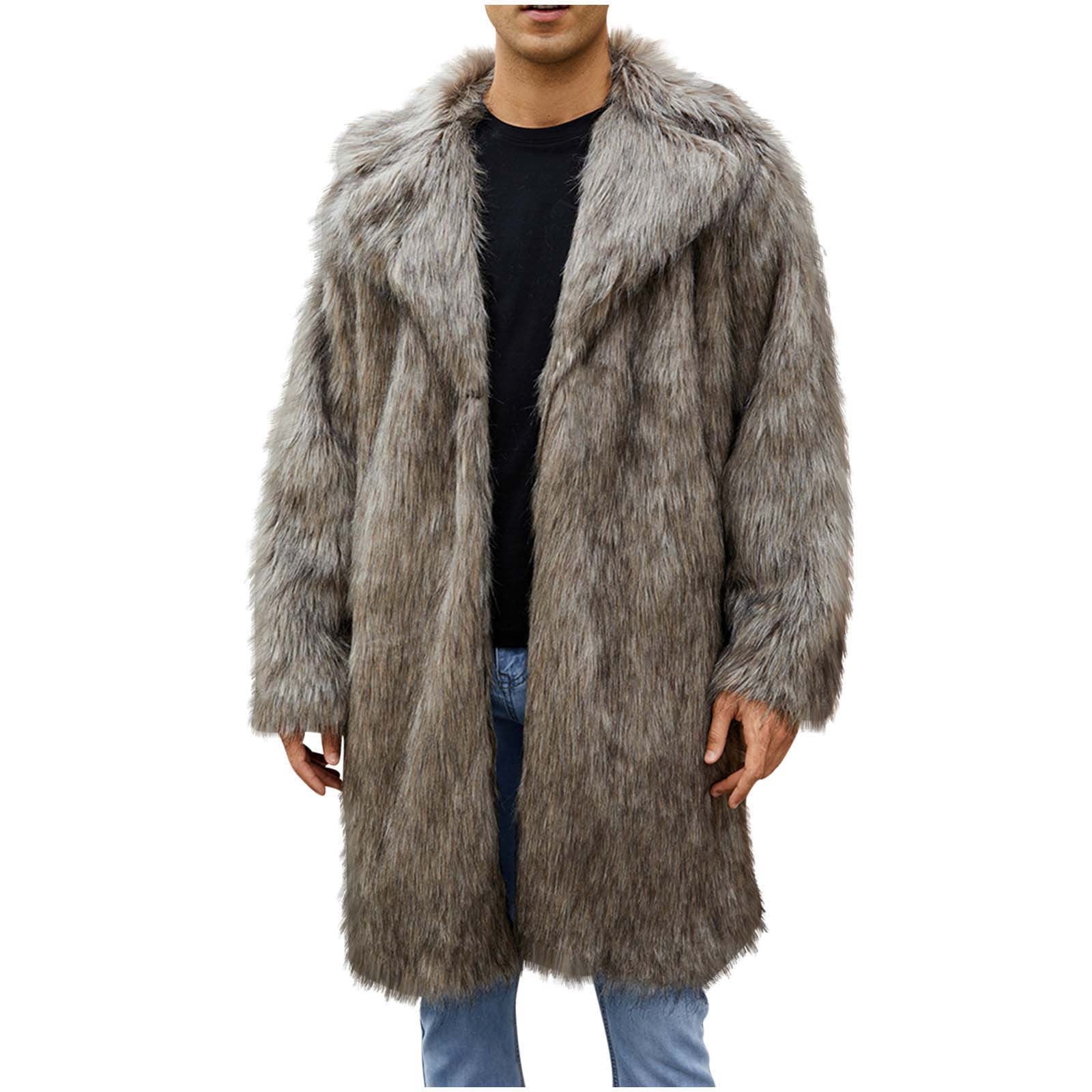 Penkiiy Mens Fashion Faux Fur Coat Knee Length Thick Coat Jacket Long ...