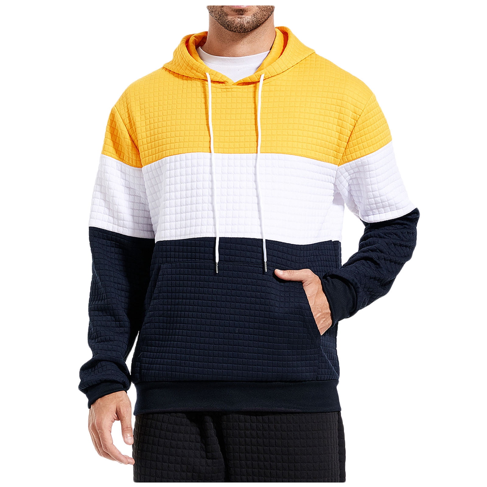 Penkiiy Mens Patchwork Color Waffle Hooded Sweatshirt Casual Long ...