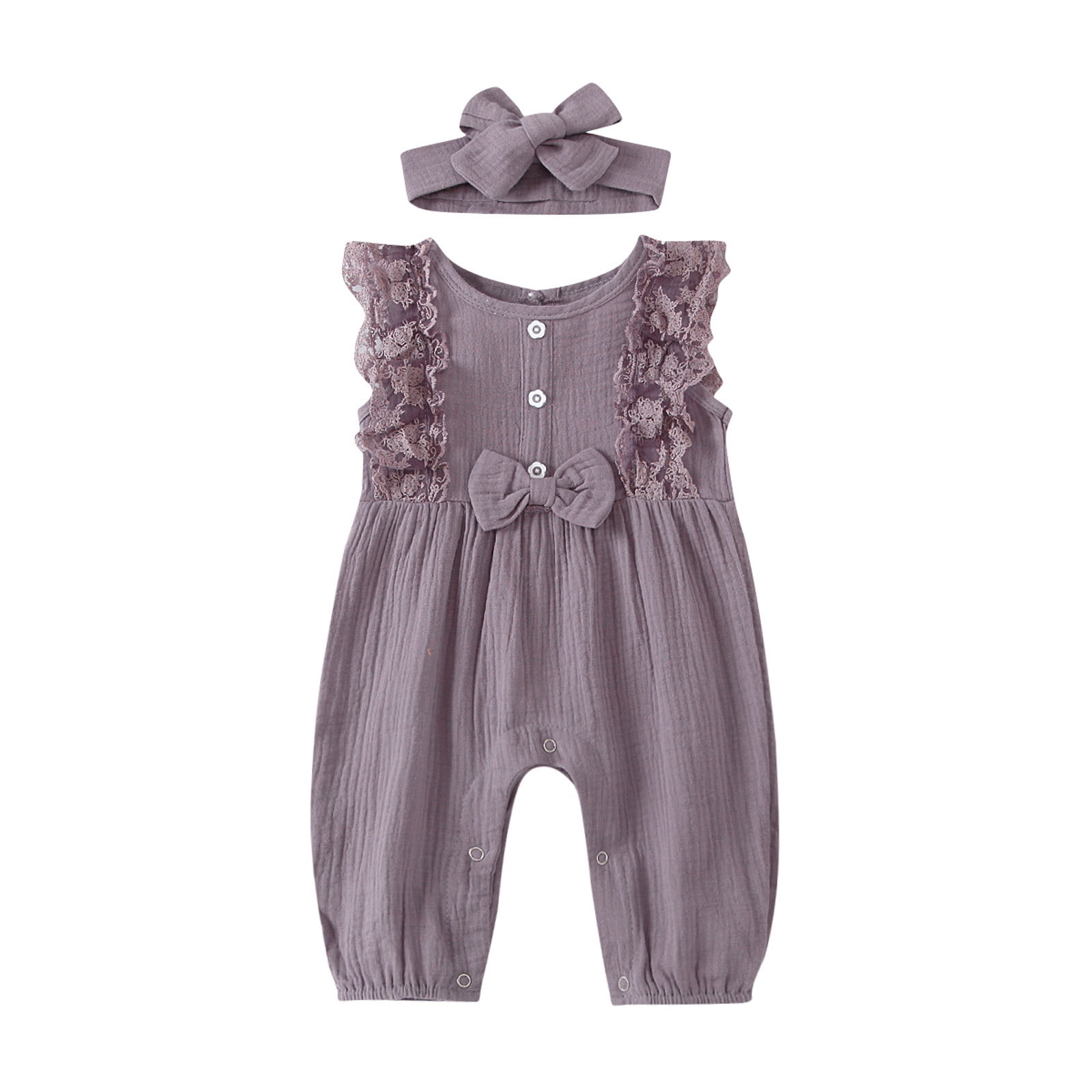 Penkiiy Newborn Baby Girl Cotton Linen Romper, Lace Bow Jumpsuit, 0-6 ...