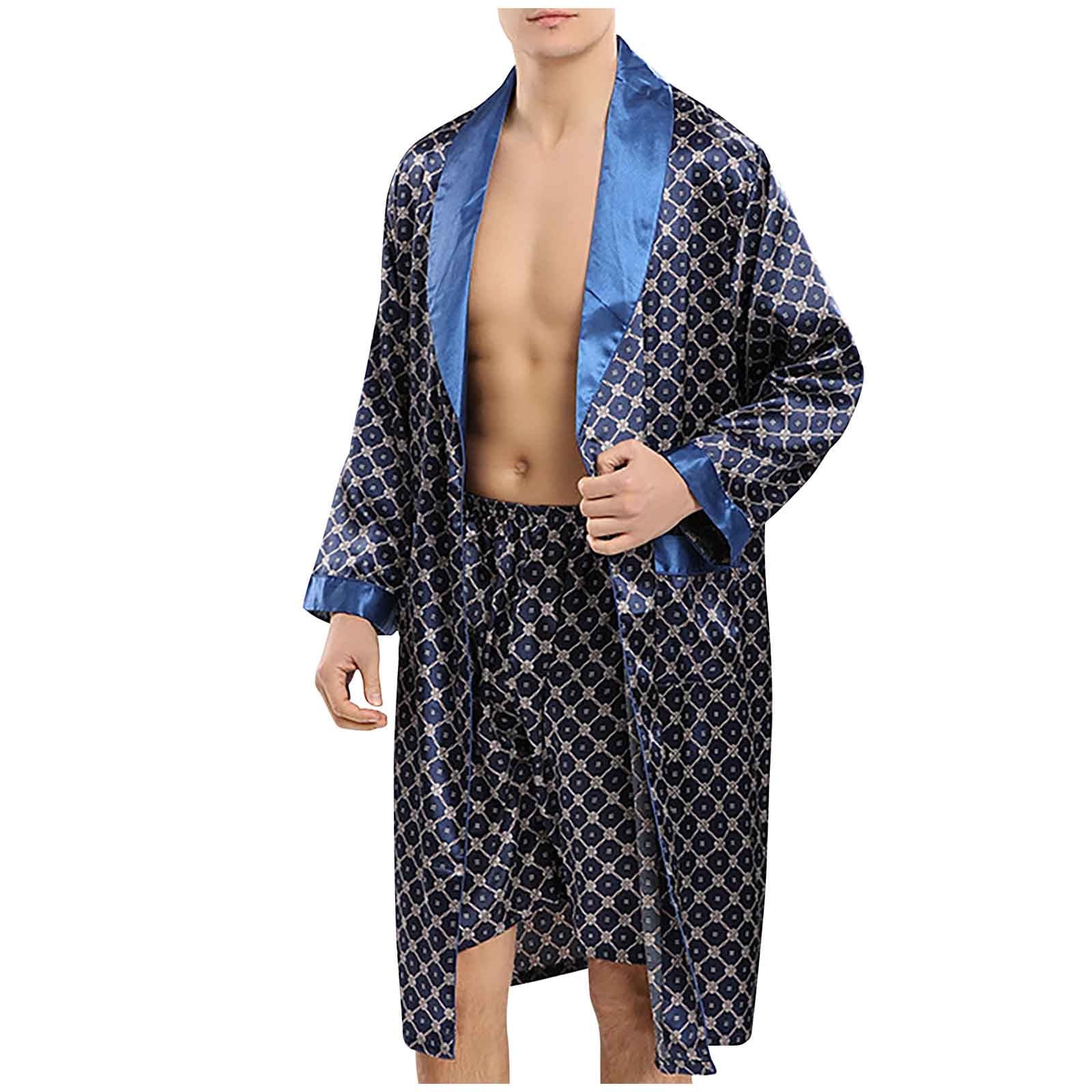 Penkiiy Simulated Silk Bathrobes Men Solid Casual Long Sleeves Lace-up ...