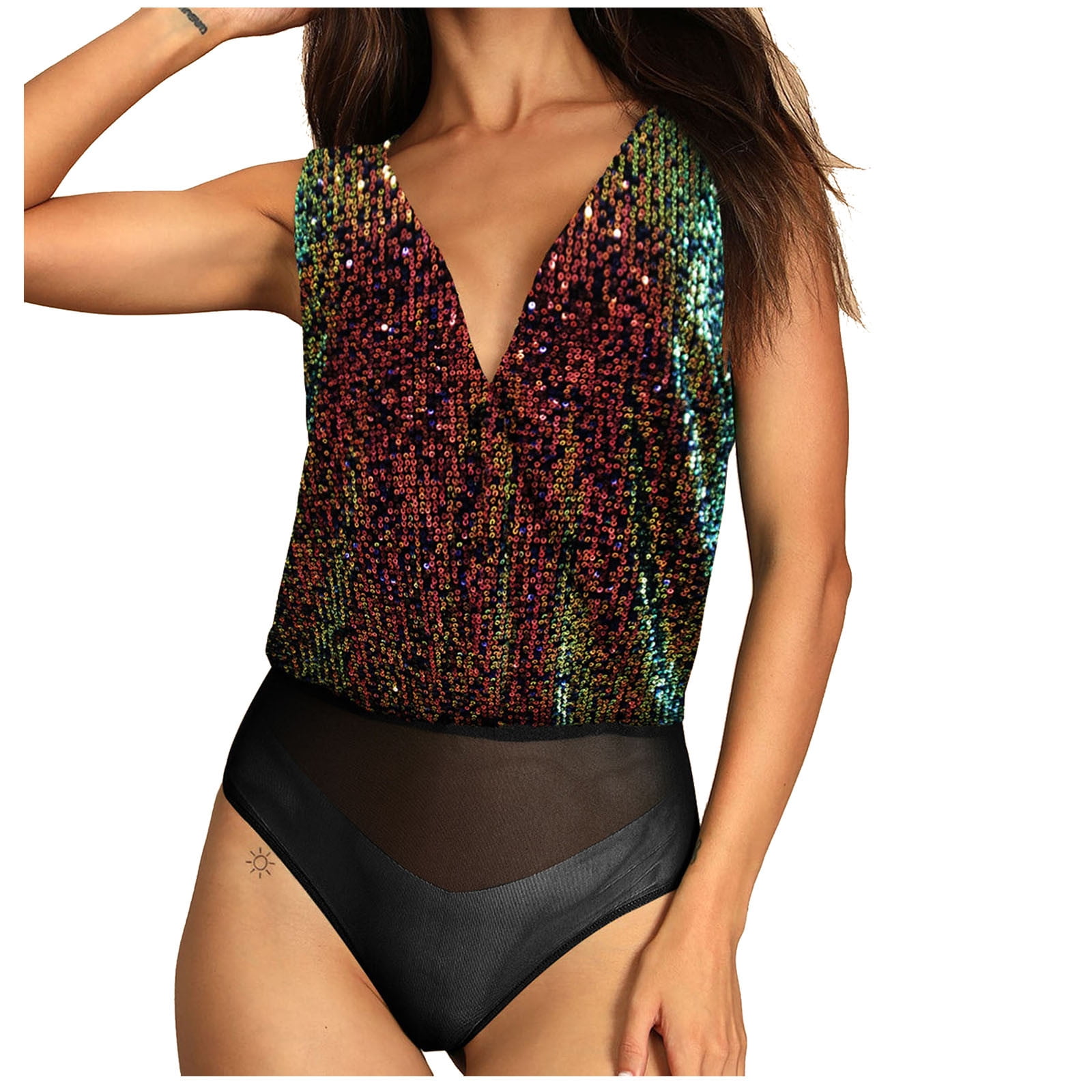 Penkiiy Sparkle Sequin Bodysuit For Women V-Neck Cowl Back Shiny ...