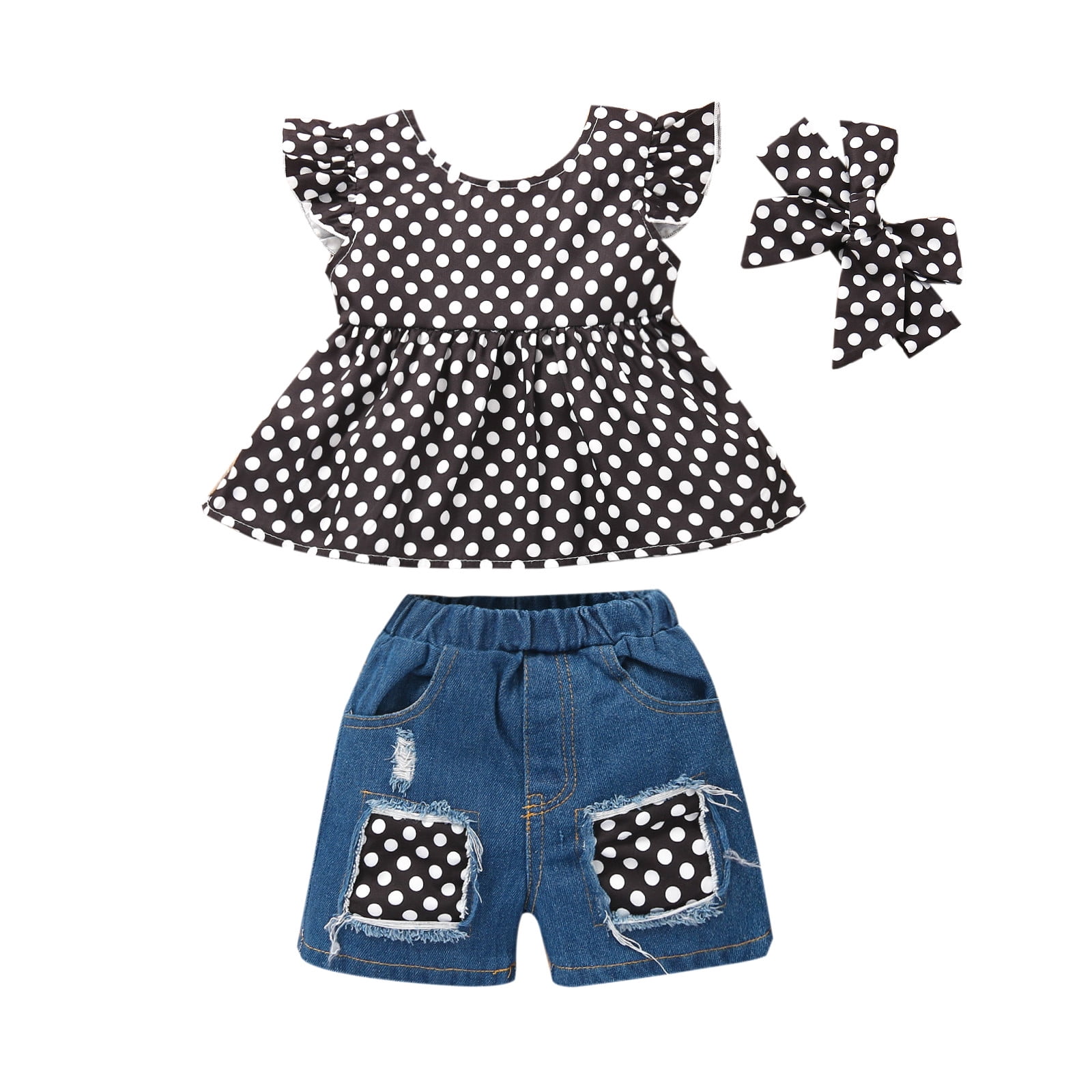 Penkiiy Toddler Girls Flying Sleeves Plaid Skirt Ripped Denim Shorts ...