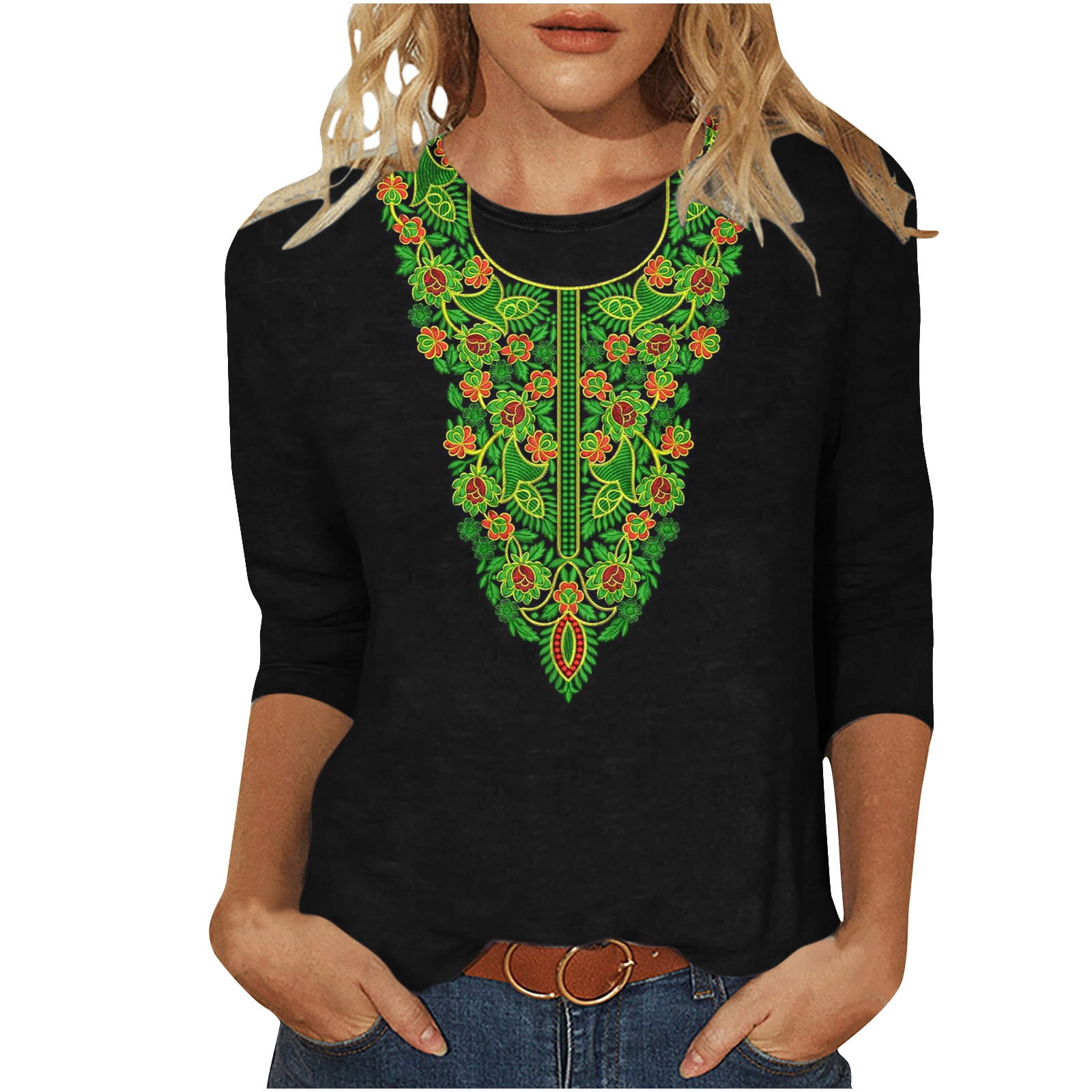 Penkiiy Traditional Mexican Embroidered Peasant Tops for Women, 3/4 ...