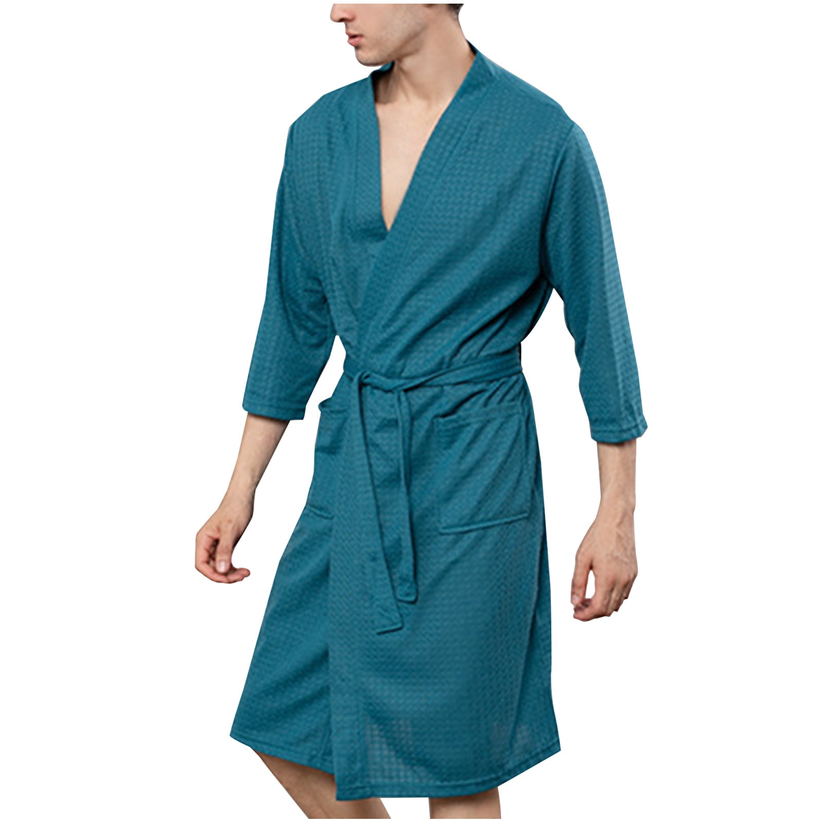 Penkiiy Waffle Wrap Robe Cardigan Bathrobe Thin Bathrobe Men's Home ...