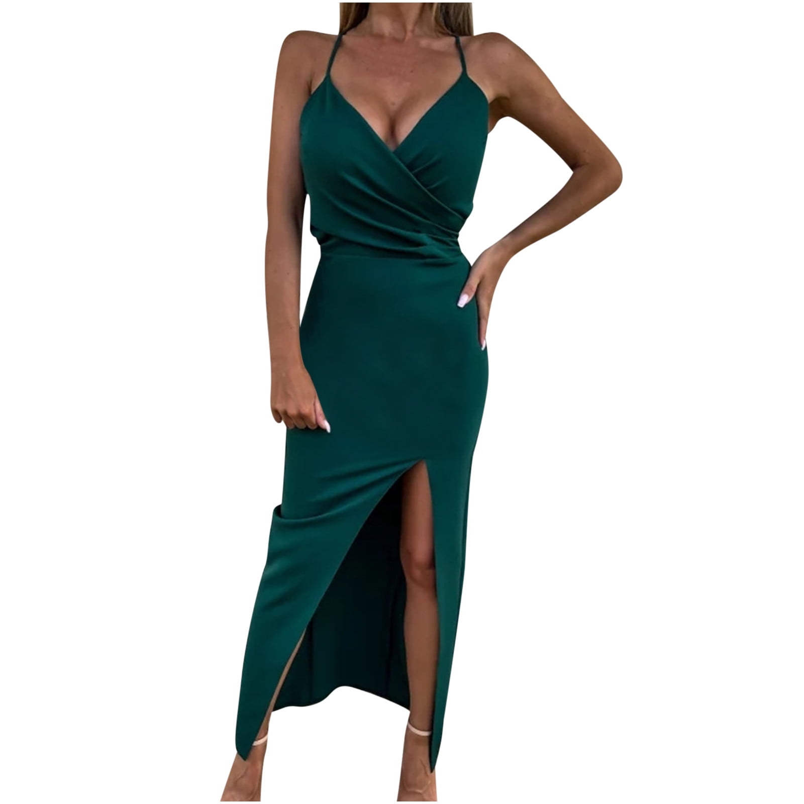 Penkiiy Wedding Guest Dresses for Women Summer women's solid colour V-neck sexy backless slit ...