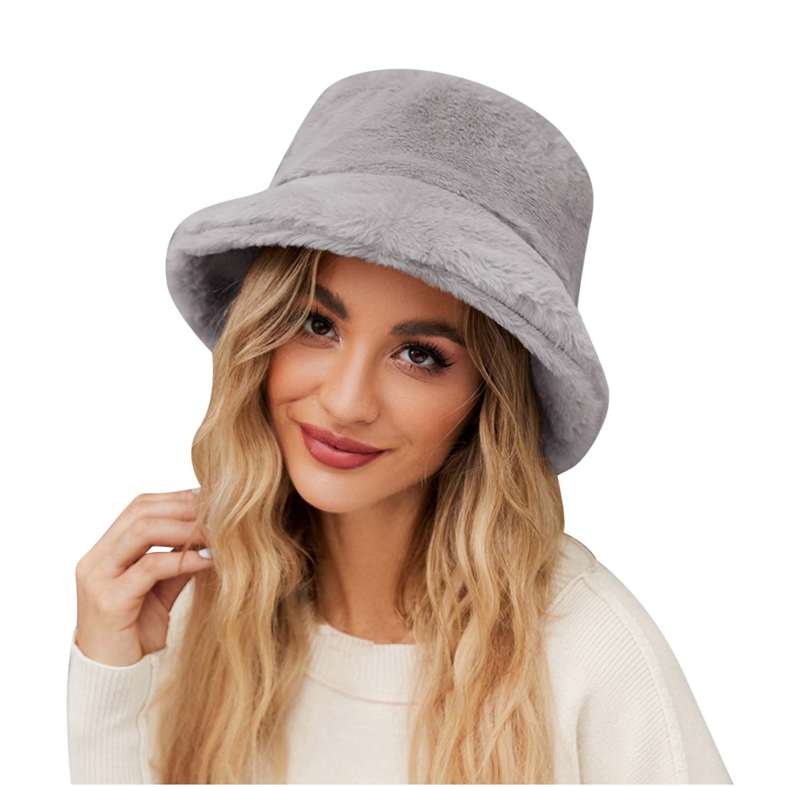 Penkiiy Winter Bucket Hat for Women Solid Warm Hats Cute Warm Soft Faux ...