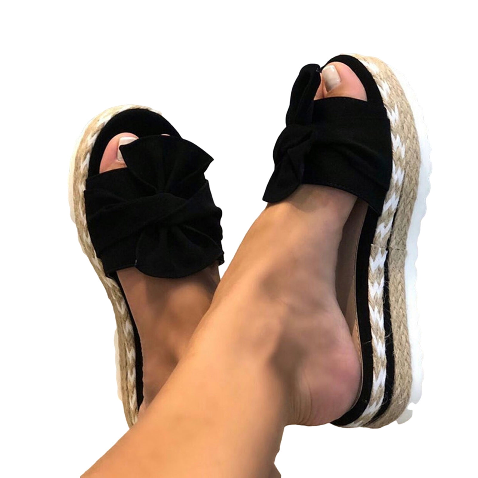 Penkiiy Women Bowknot Beach Summer Slippers Platform Slope Heels Plus ...