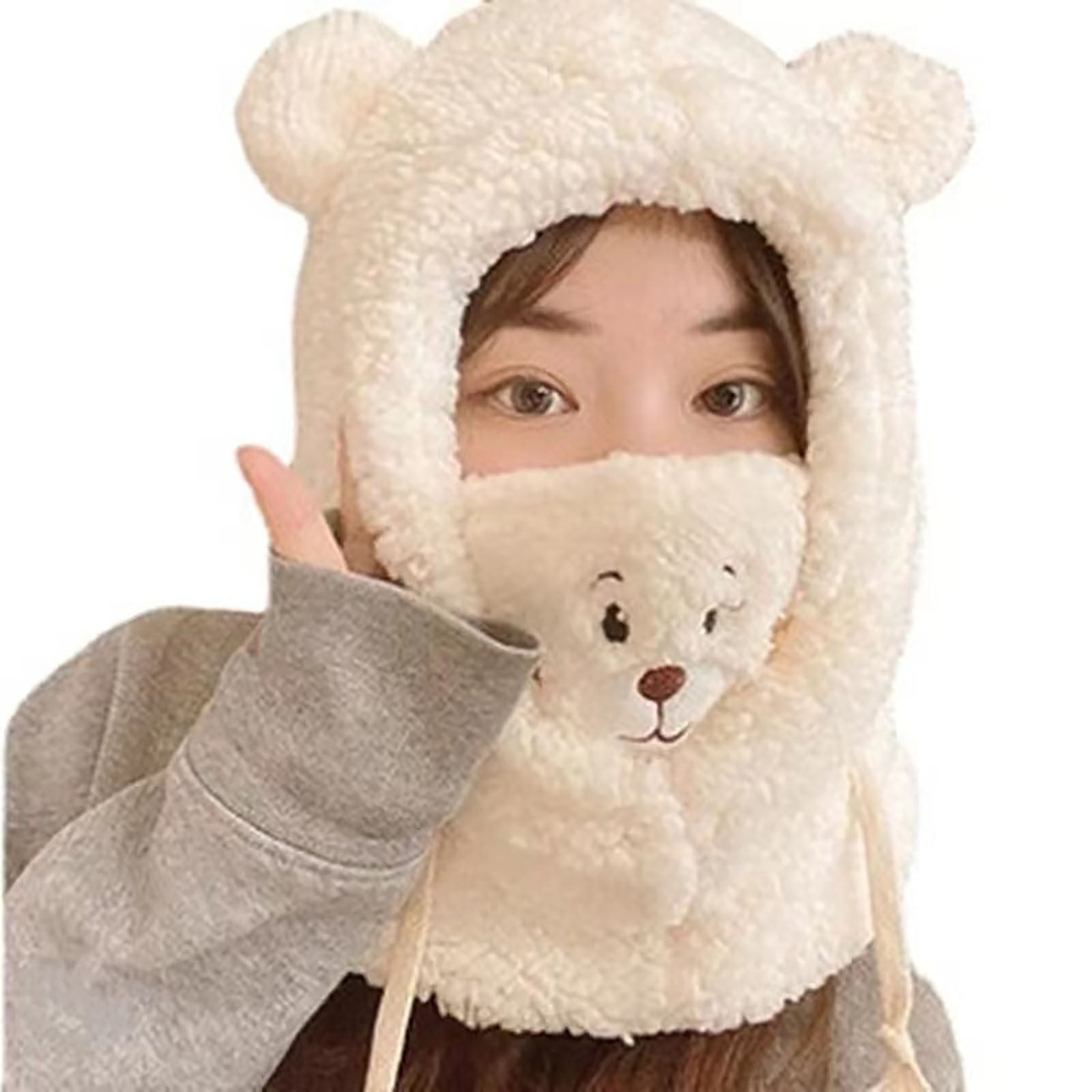 Penkiiy Women Cute Bear Hat Scarf Mask Set Winter Fleece Beanie Neck ...