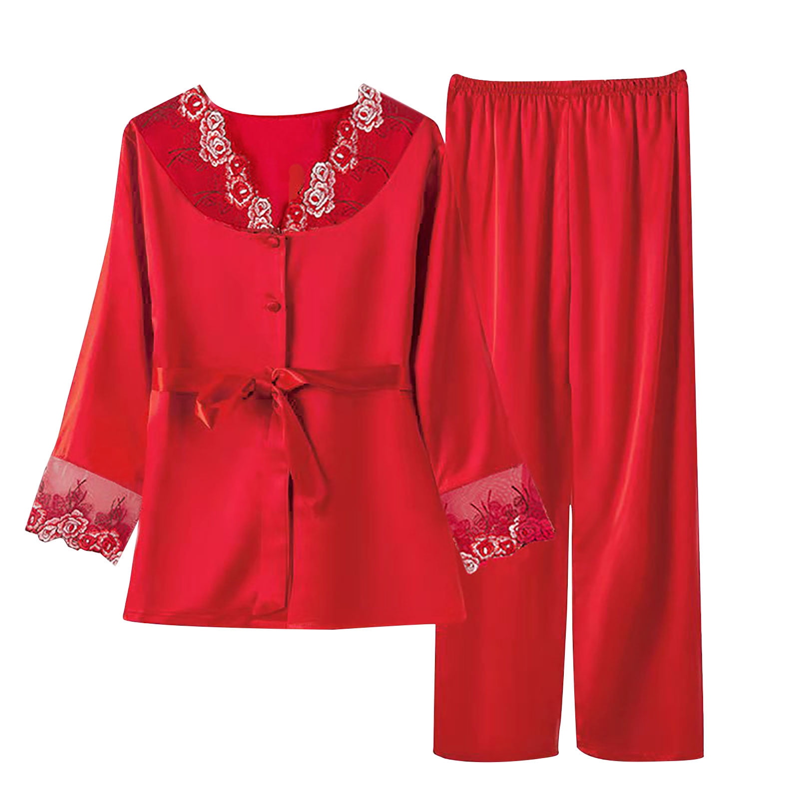 Penkiiy Women Pajamas Long Sleeve Lace V-Neck Pj Set Button Down Shirt ...