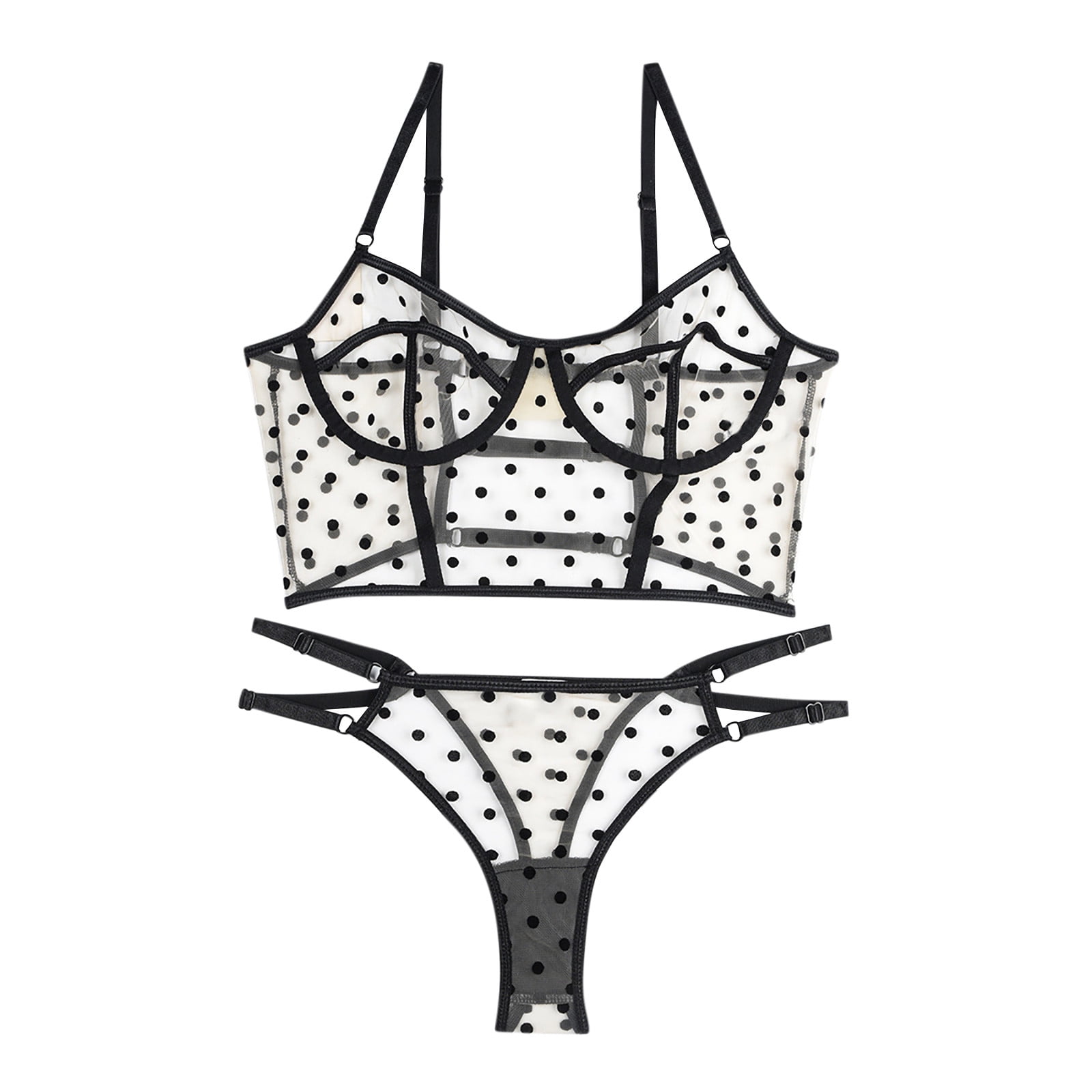 Penkiiy Women Sexy Polka Dot Mesh Sheer Lingerie Set Off Shoulder Top