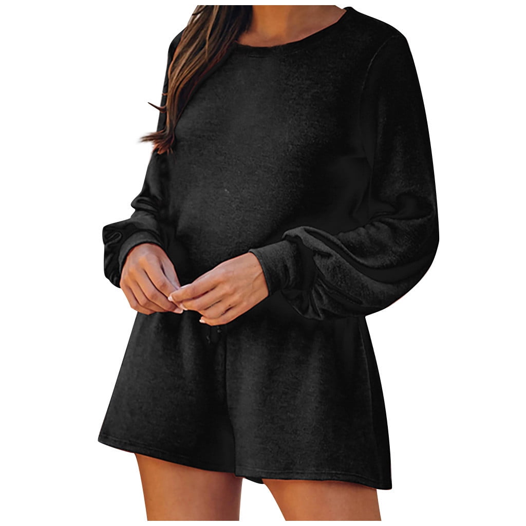 Penkiiy Women Socket Solid Color O-collar Long Sleeves Shorts Leisure ...