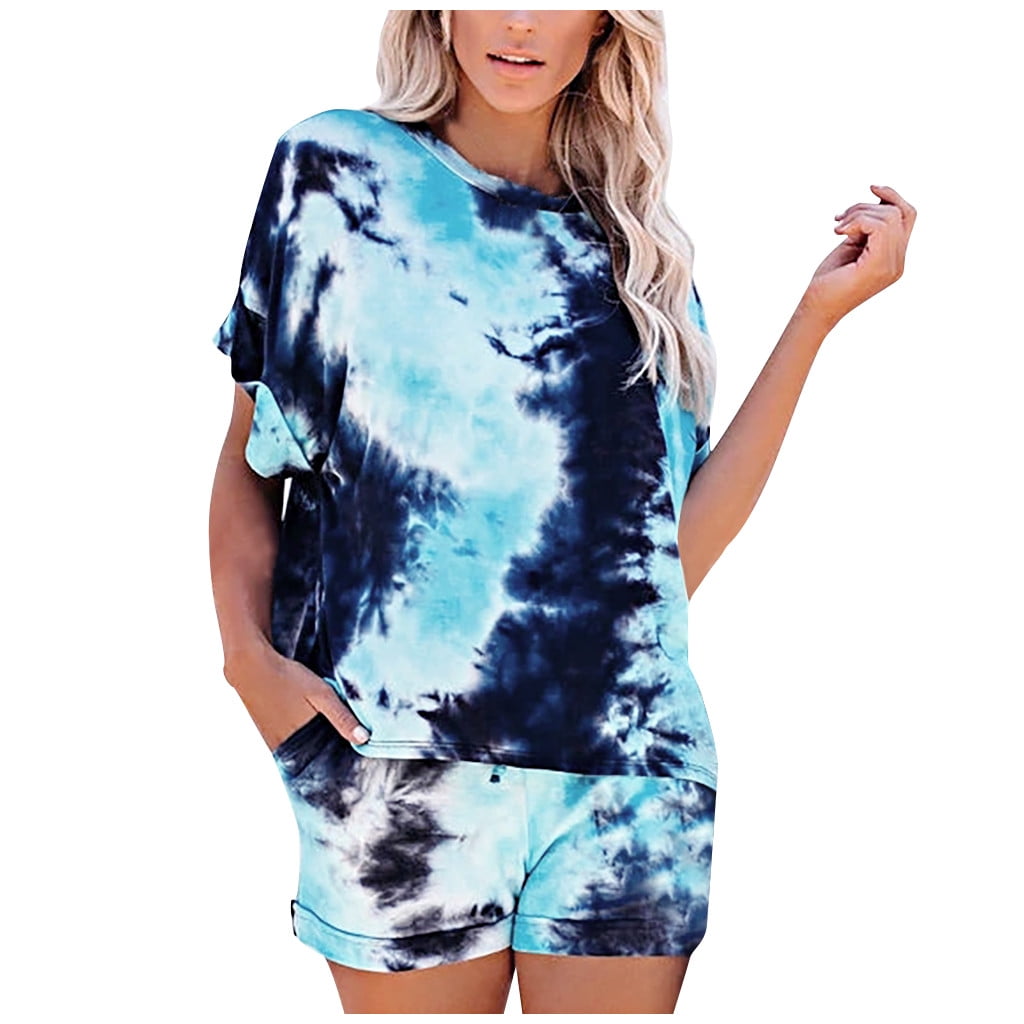 Penkiiy Women Socket Tie-Dyed Printing Short Sleeves Shorts Leisure ...