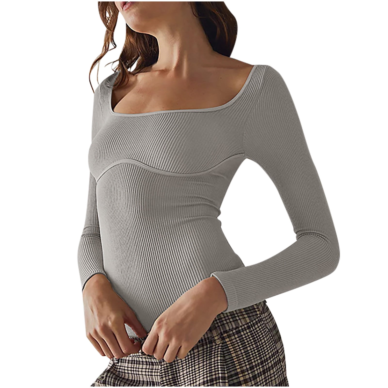 Penkiiy Womens Bodysuits Sexy Ribbed One Piece Square Neck Long Sleeve