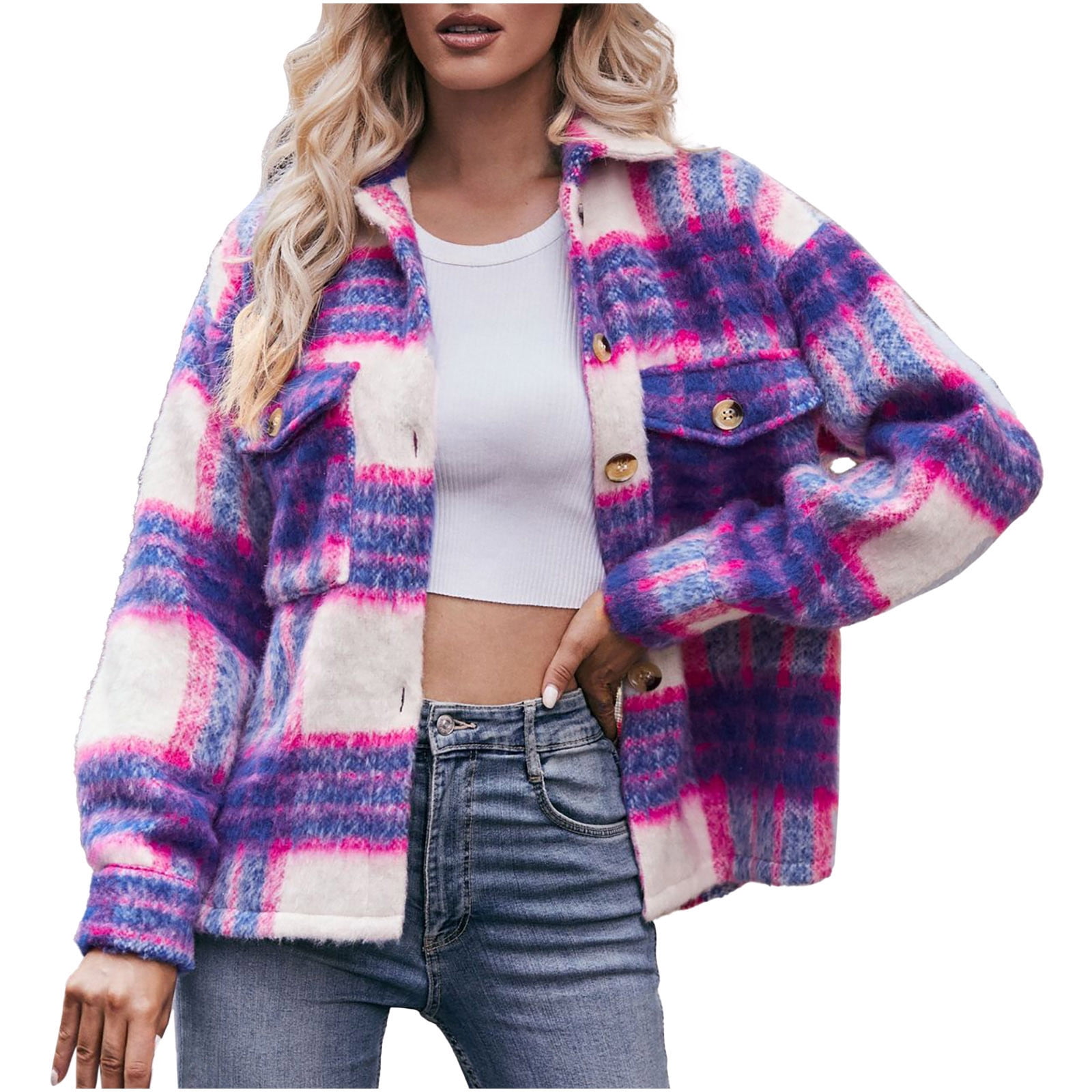 Penkiiy Women's Fashion Loose Plaid Printed Hatless Jacket Tops M Hot ...