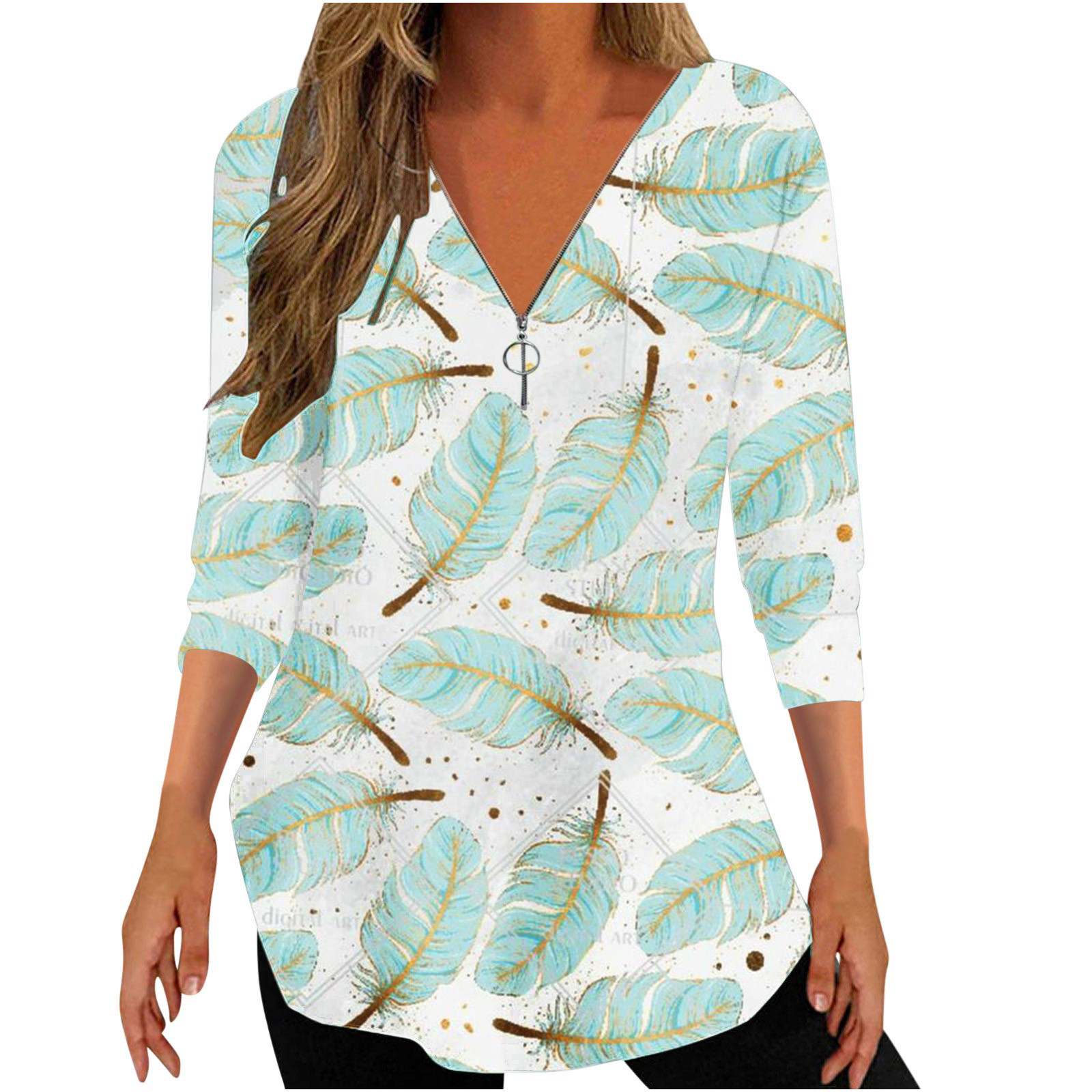 Penkiiy Women's Feather Print Tops 3/4 Roll Sleeve Shirts V Neck ...