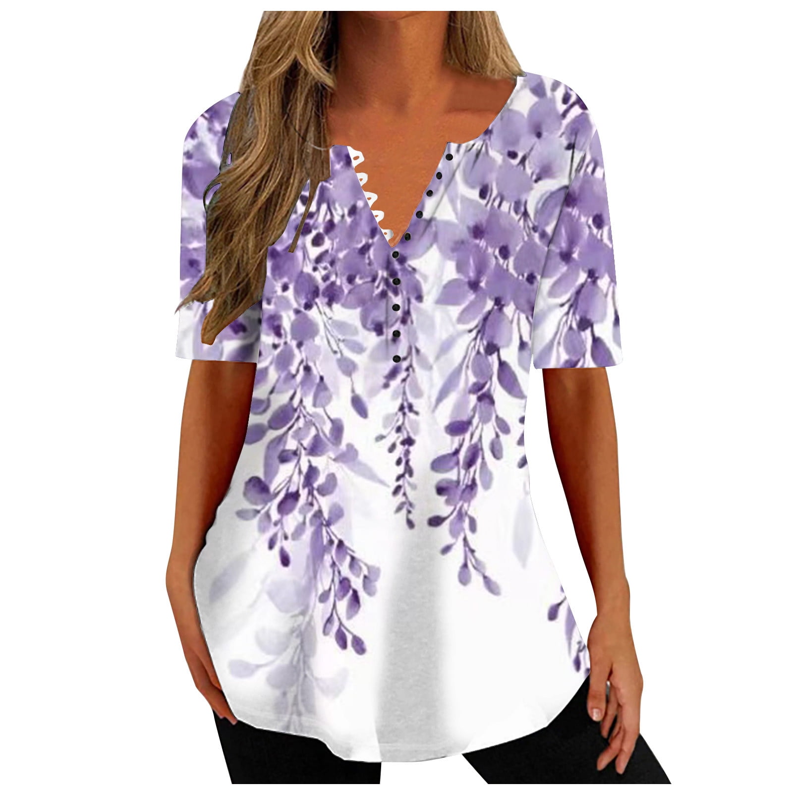 Penkiiy Womens Floral Tunic Tops Casual Blouse V Neck Short Sleeve Buttons Up T Shirts M Purple