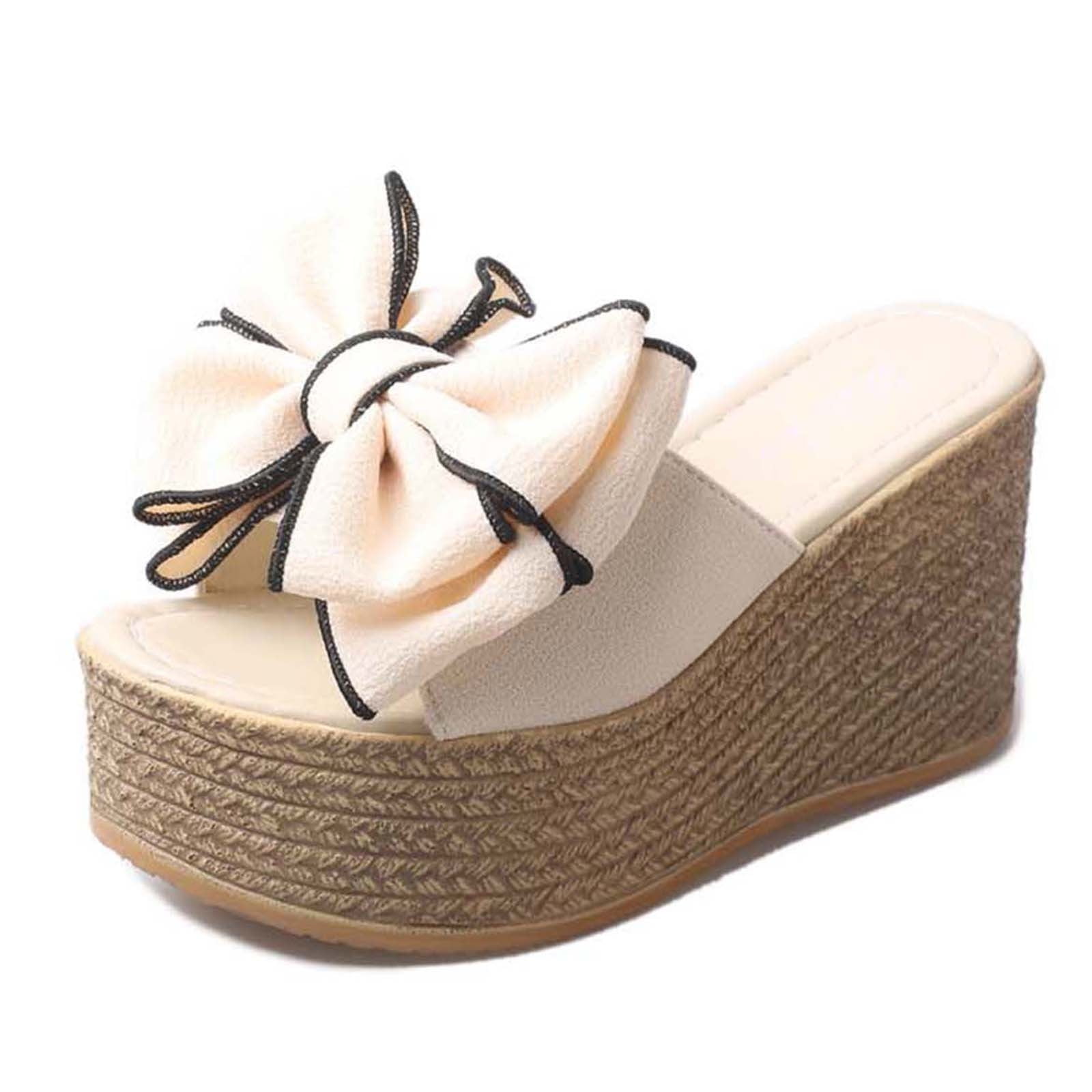 Penkiiy Women's High Heeled Bow-Knot Platform Wedge Flip-Flops Beach ...