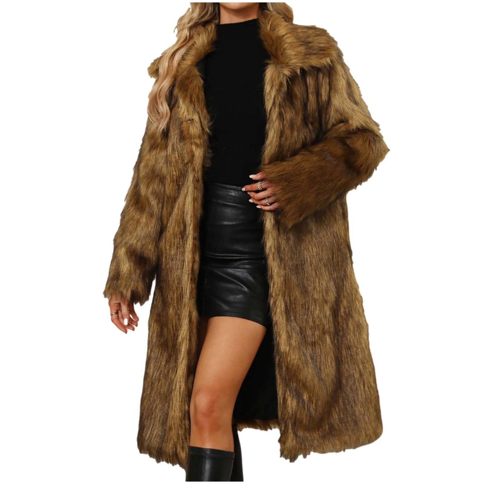 Penkiiy Women's Long Lapel Faux fur Jacket Shaggy Coat Warm Outerwear ...
