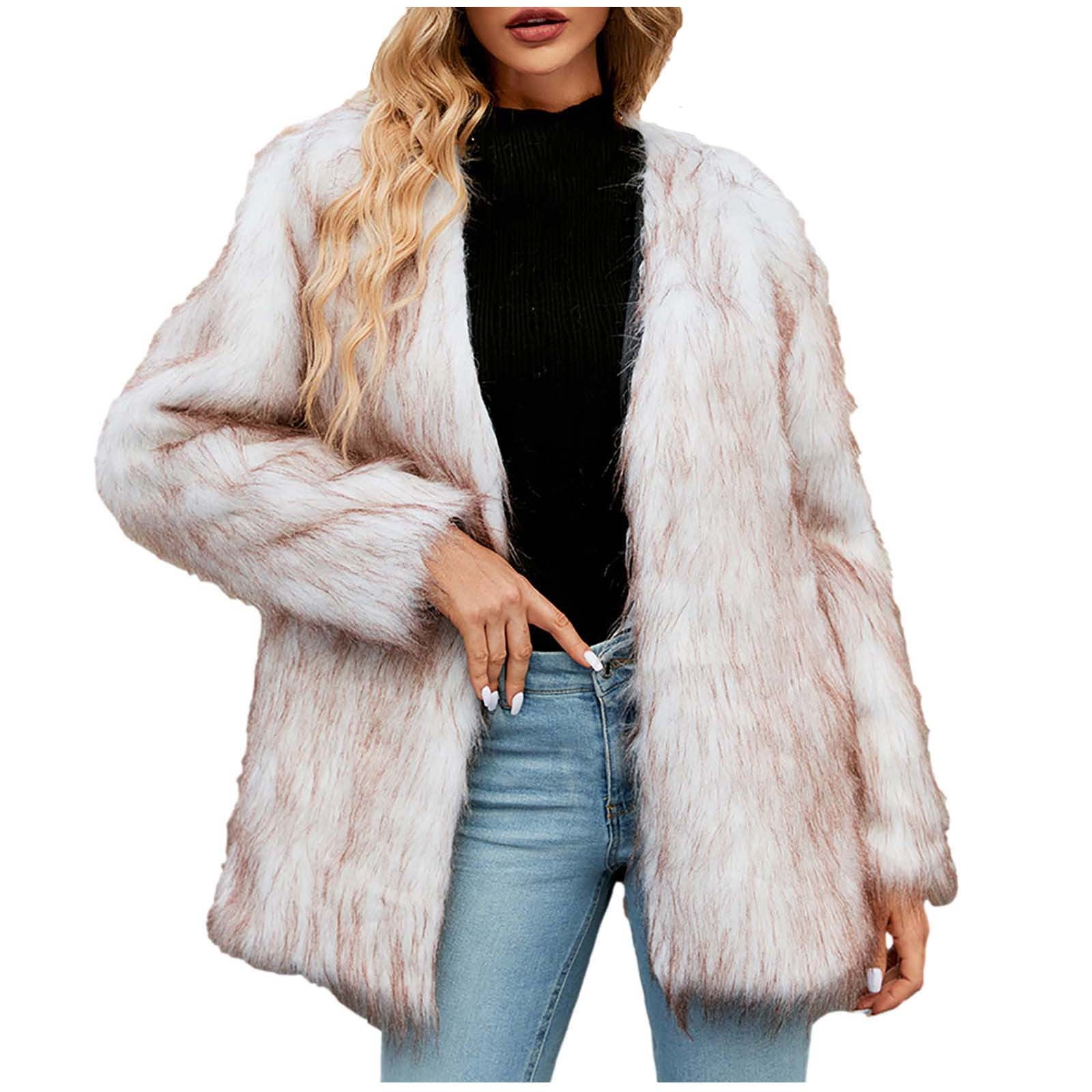 Penkiiy Women's Long Sleeve Fluffy Faux Fur Warm Coat Faux Fur Coat Beige - Walmart.com