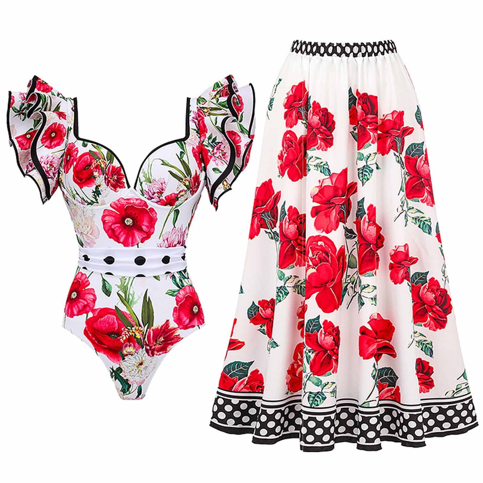 Penkiiy Women's One Piece Swimsuit with Cover up Wrap Skirt Floral ...