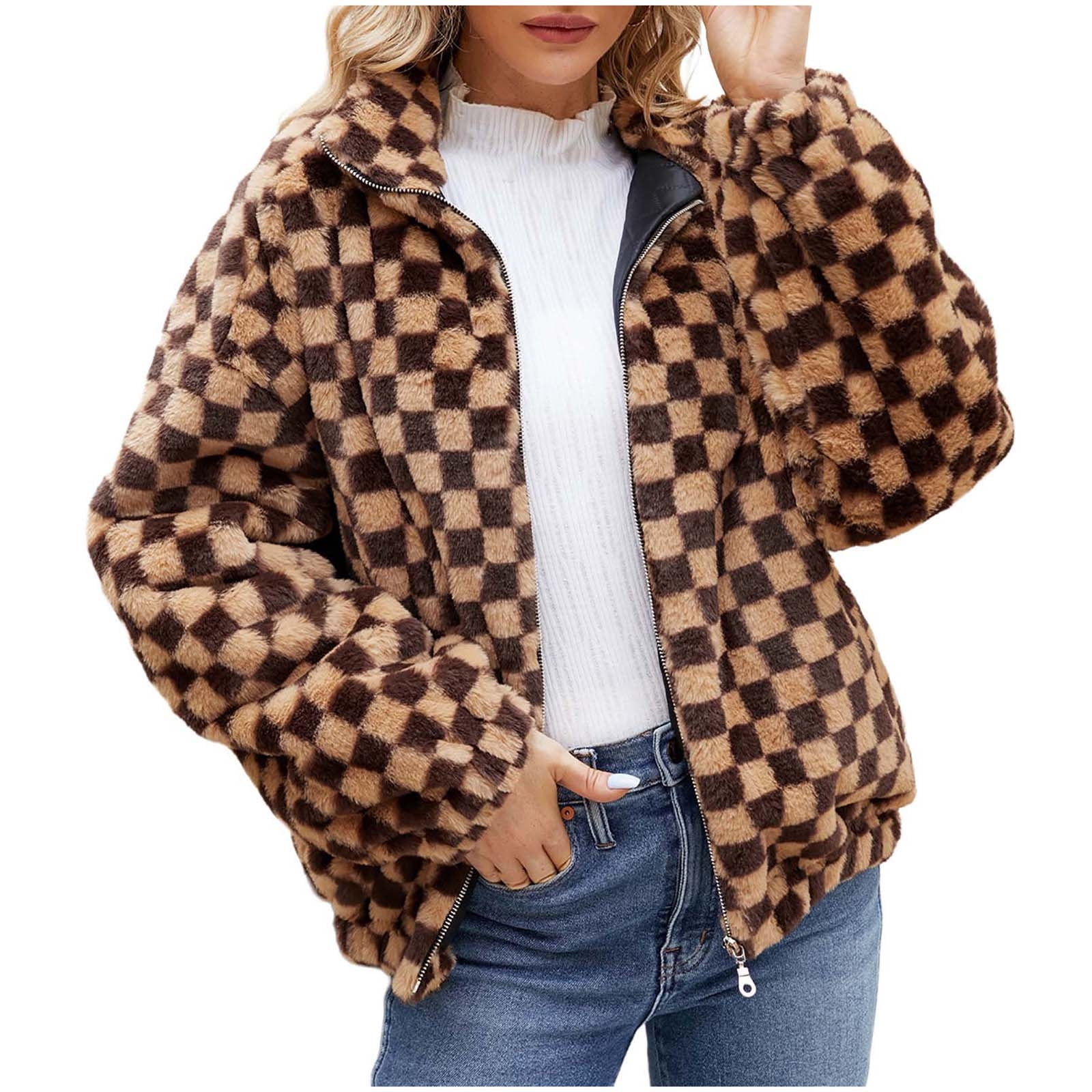 Penkiiy Women's Plaid Cropped Faux Fur Jacket Long Sleeve Open Front ...