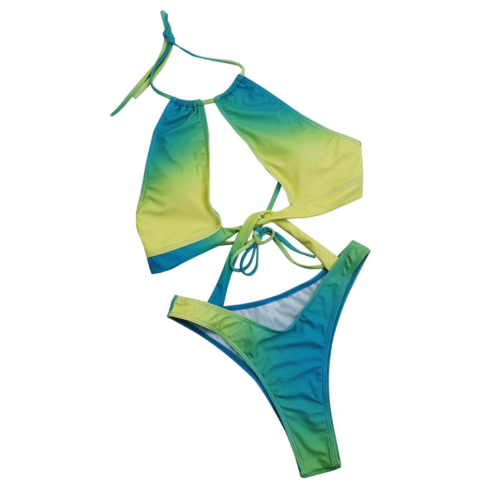 Penkiiy Women's Sexy High Breast One Shoulder Gradient Bikini Set Solid Swimsuit Sets Rash Guard ...