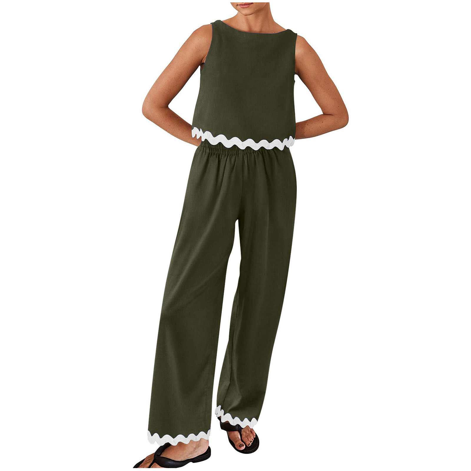 Penkiiy Women's Summer 2 Piece Outfits Sleeveless Crop Top Capri Wide ...