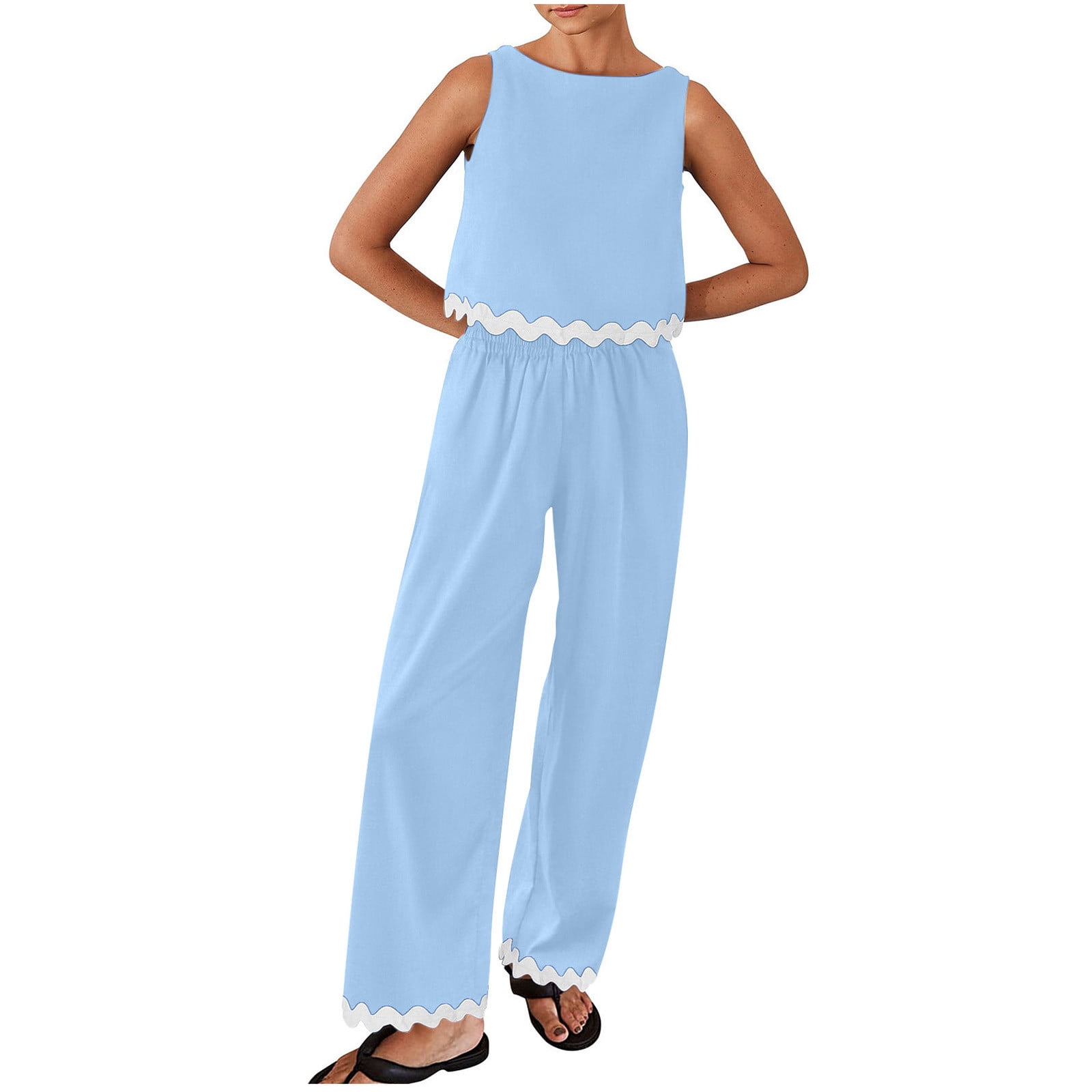 Penkiiy Women's Summer 2 Piece Outfits Sleeveless Crop Top Capri Wide ...