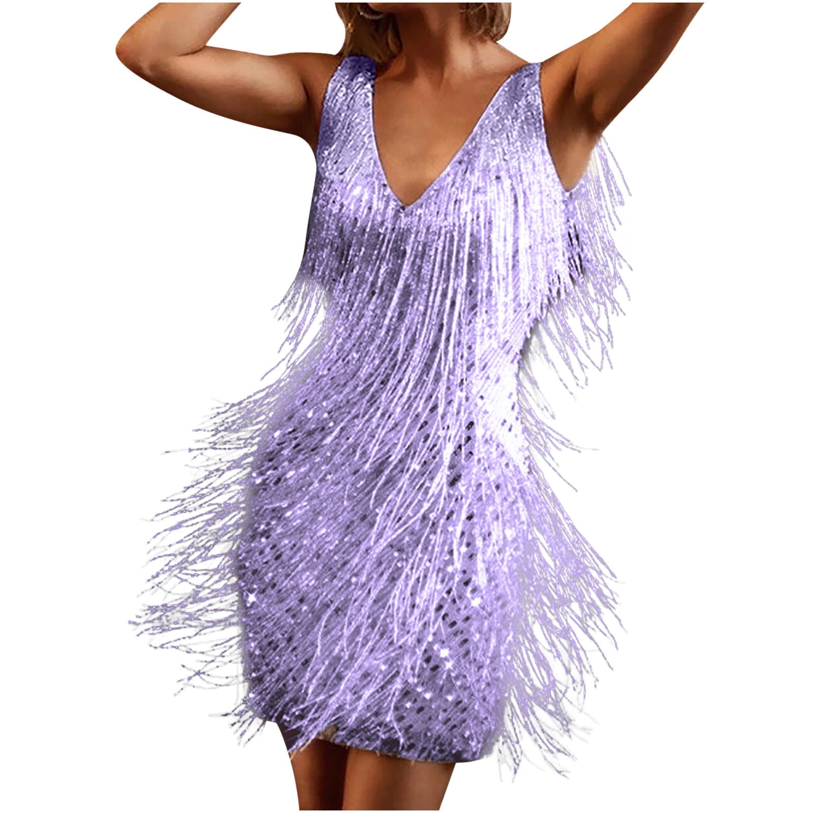 Penkiiy Women's Tassel Fringe Glitter V Neck Sleeveless Bodycon Mini Short Party Dress - Walmart.com