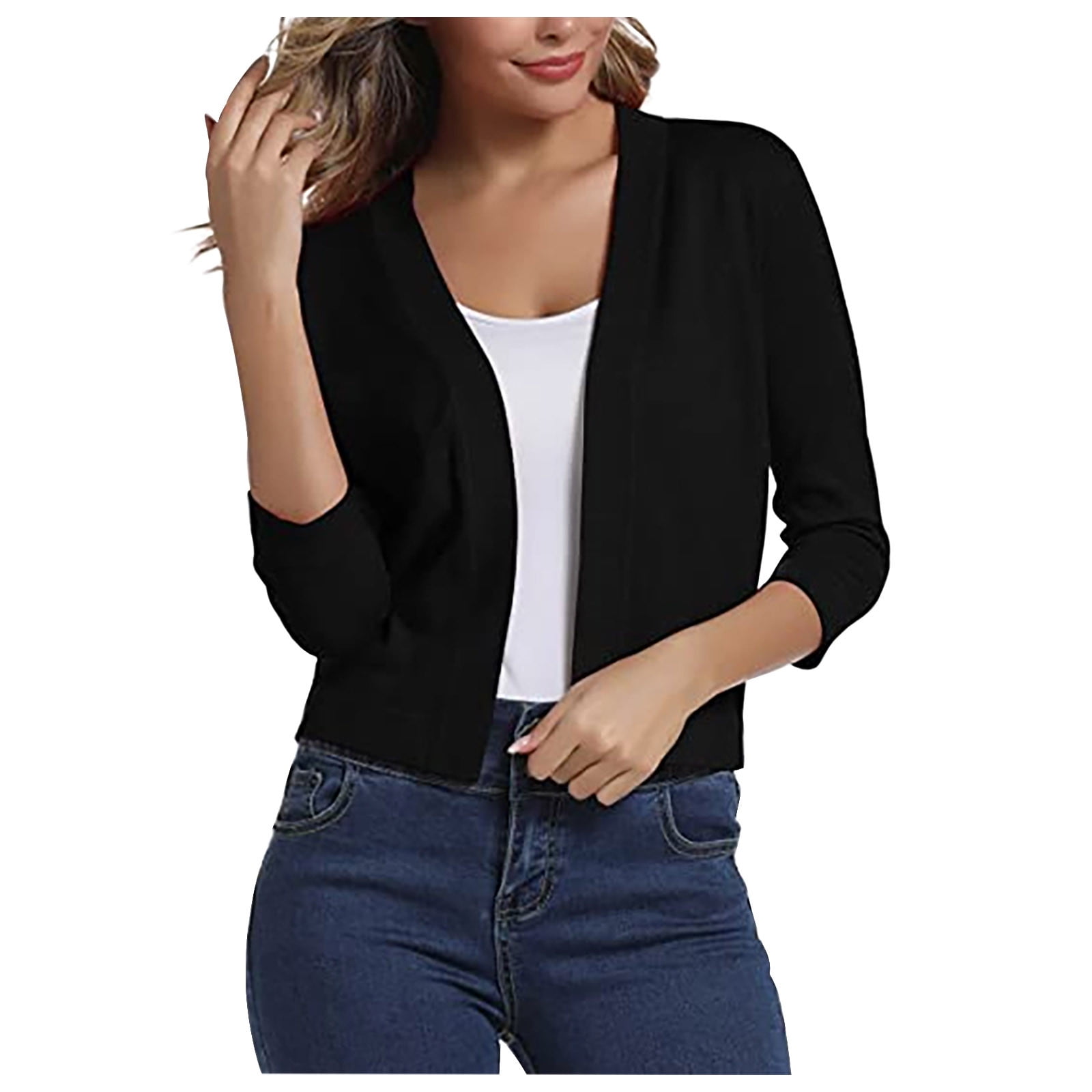 Penkiiy Womens Lightweight Cropped Cardigan Open Front 3/4 Sleeve Knit ...