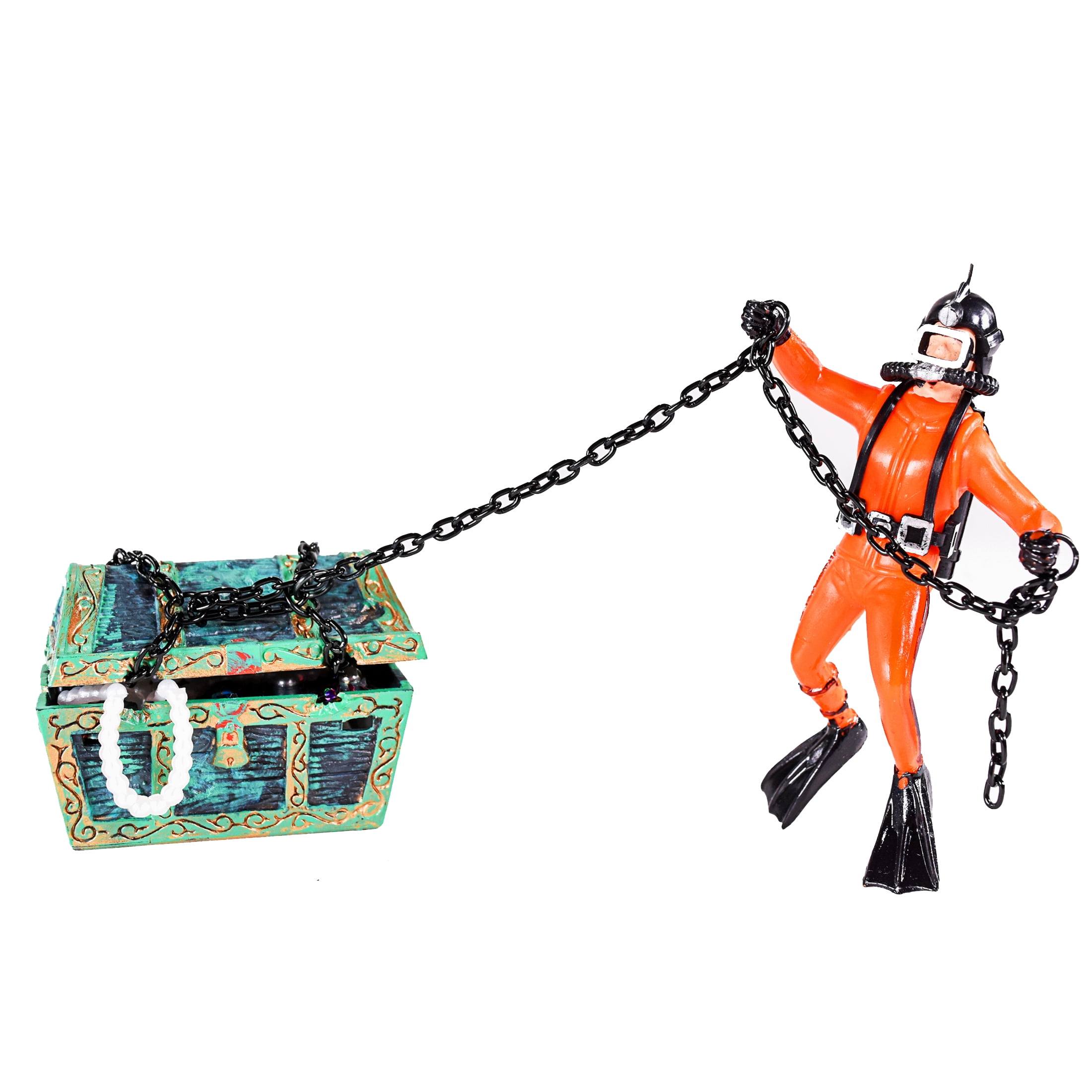 Penn-Plax Resin Treasure Chest and Diver Aquarium Decor Bubble Action ...