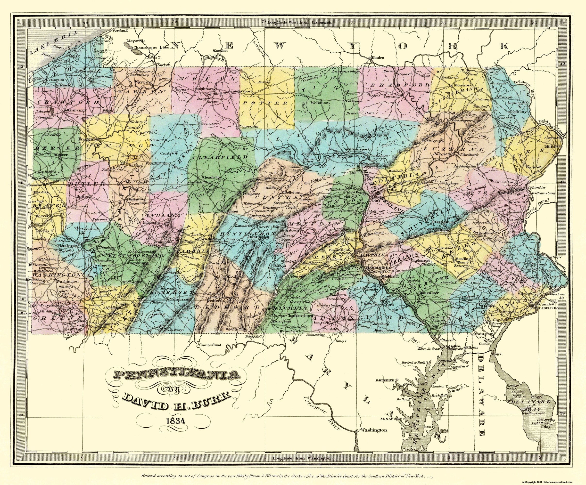 Historic State Map - Pennsylvania - Burr 1834 - 27.75 x 23 - Vintage ...