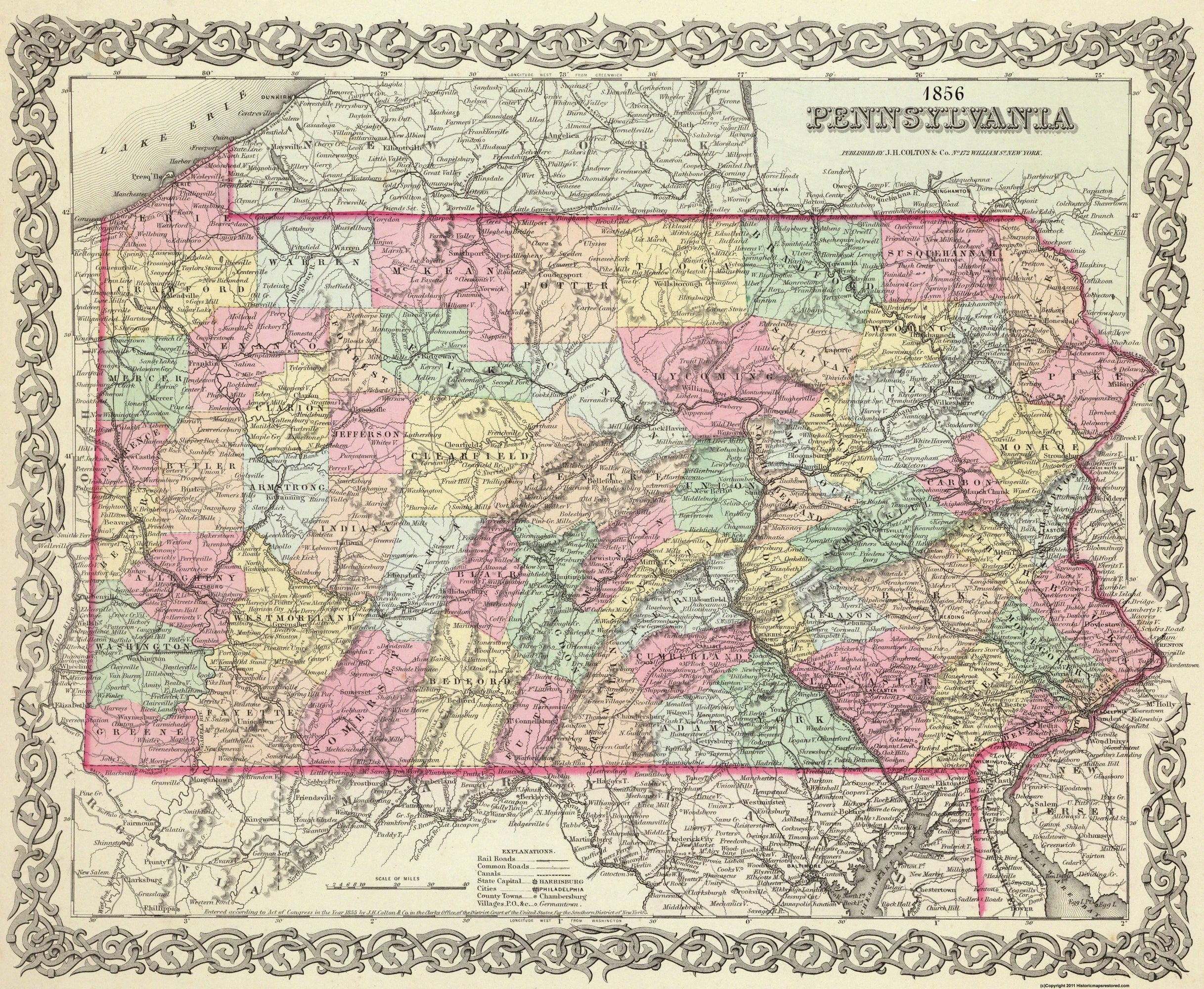 Historic State Map - Pennsylvania - Colton 1856 - 28 x 23 - Vintage ...