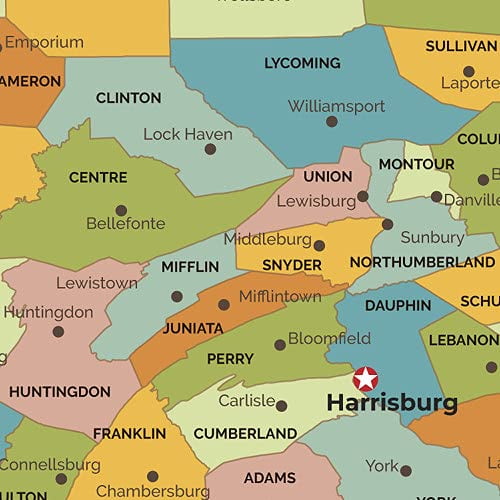 Pennsylvania Counties Map - Standard - 36" x 22" Art Quality Print ...