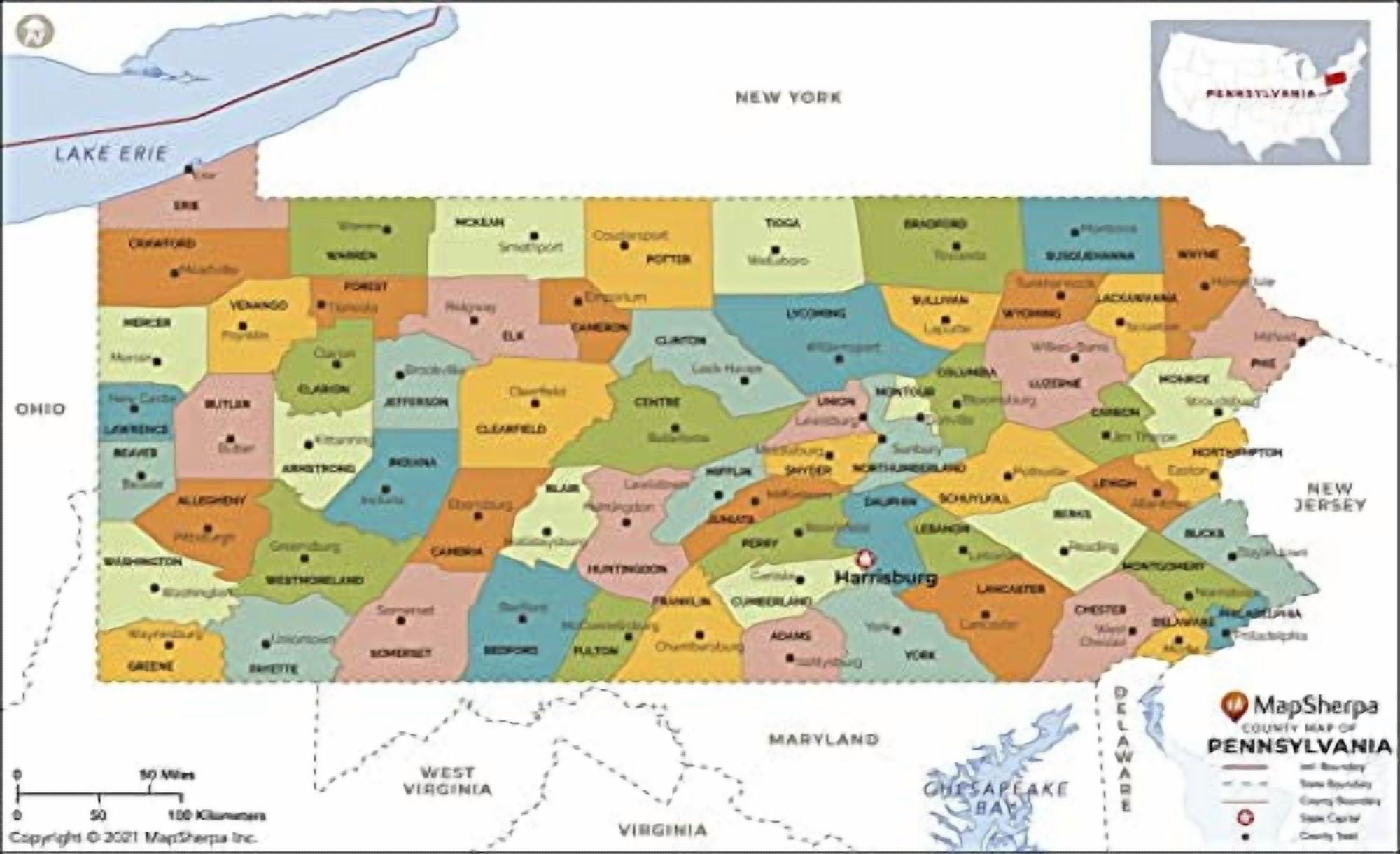 Pennsylvania Counties Map - Standard - 36" x 22" Laminated - Walmart.com