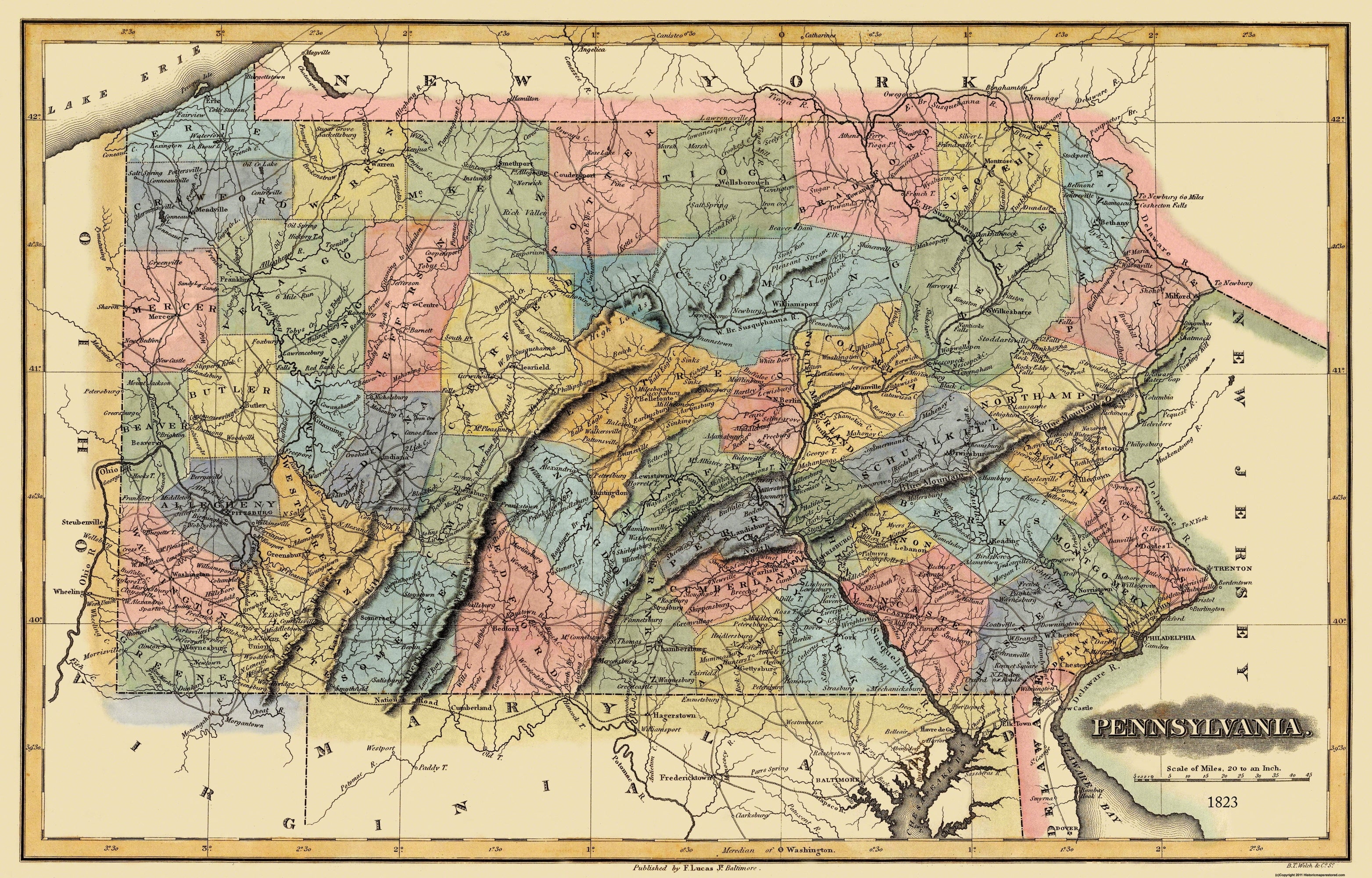 Historic State Map - Pennsylvania - Lucas 1823 - 35.94 x 23 - Vintage ...