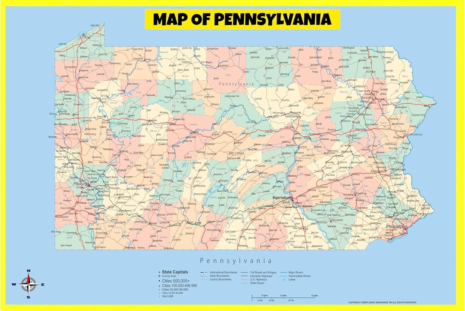 Pennsylvania Map Poster - Laminated Wall Map - Style A - 24x36 - Ideal ...