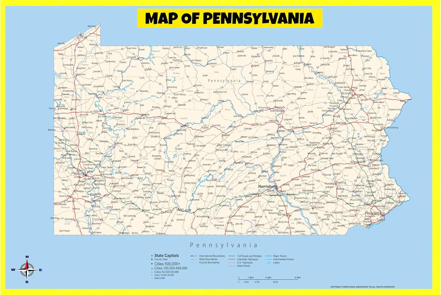 Pennsylvania Map Poster - Laminated Wall Map - Style B - 36x60 - Ideal ...
