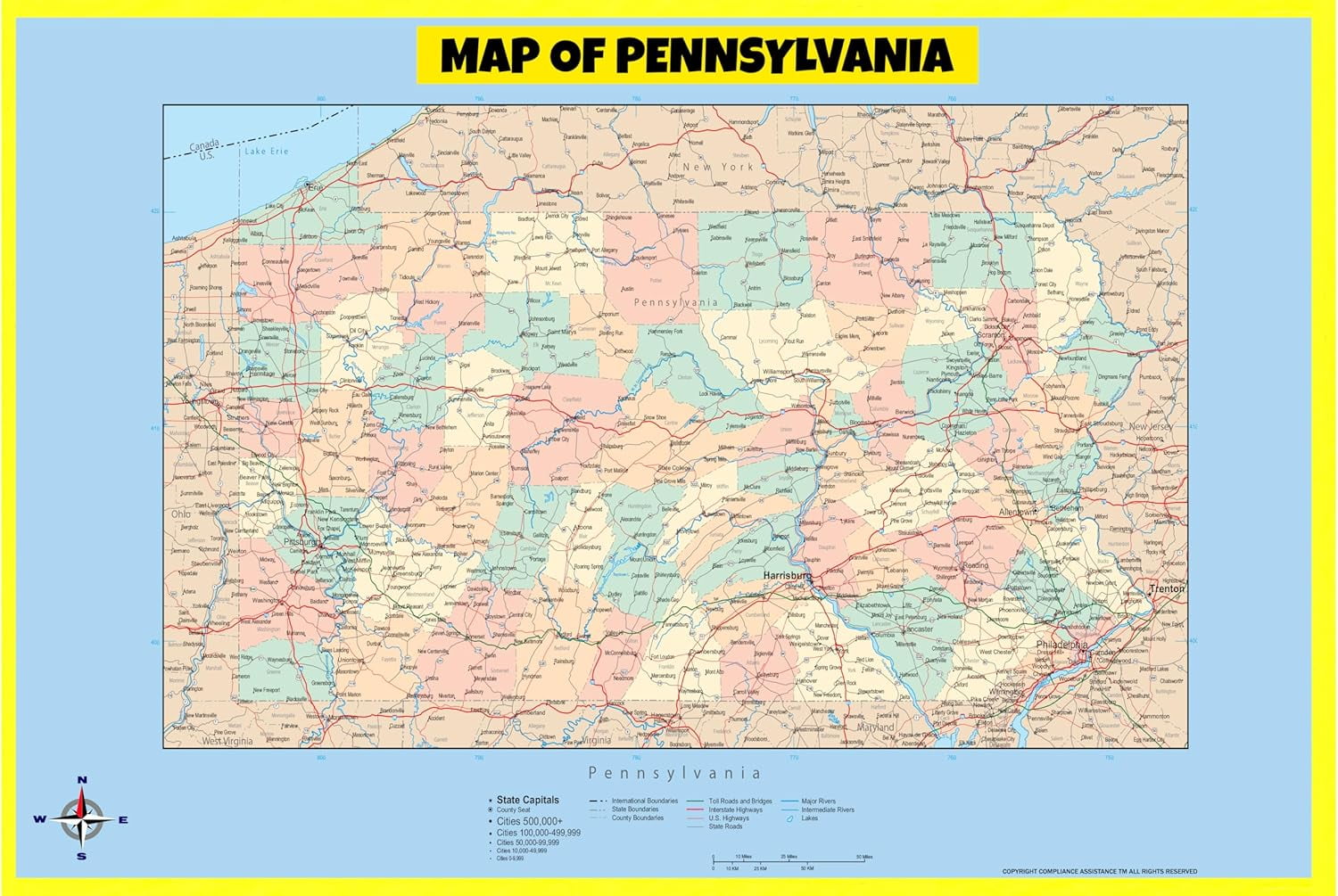 Pennsylvania Map Poster - Laminated Wall Map - Style C - 24x36 - Ideal ...