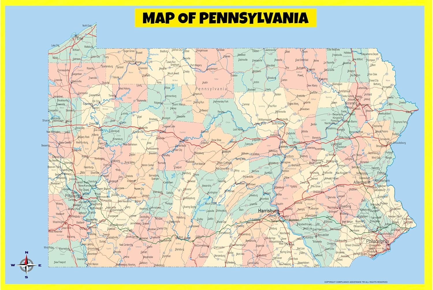 Pennsylvania Map Poster - Laminated Wall Map - Style D - 24x36 - Ideal for Classrooms and Homes ...