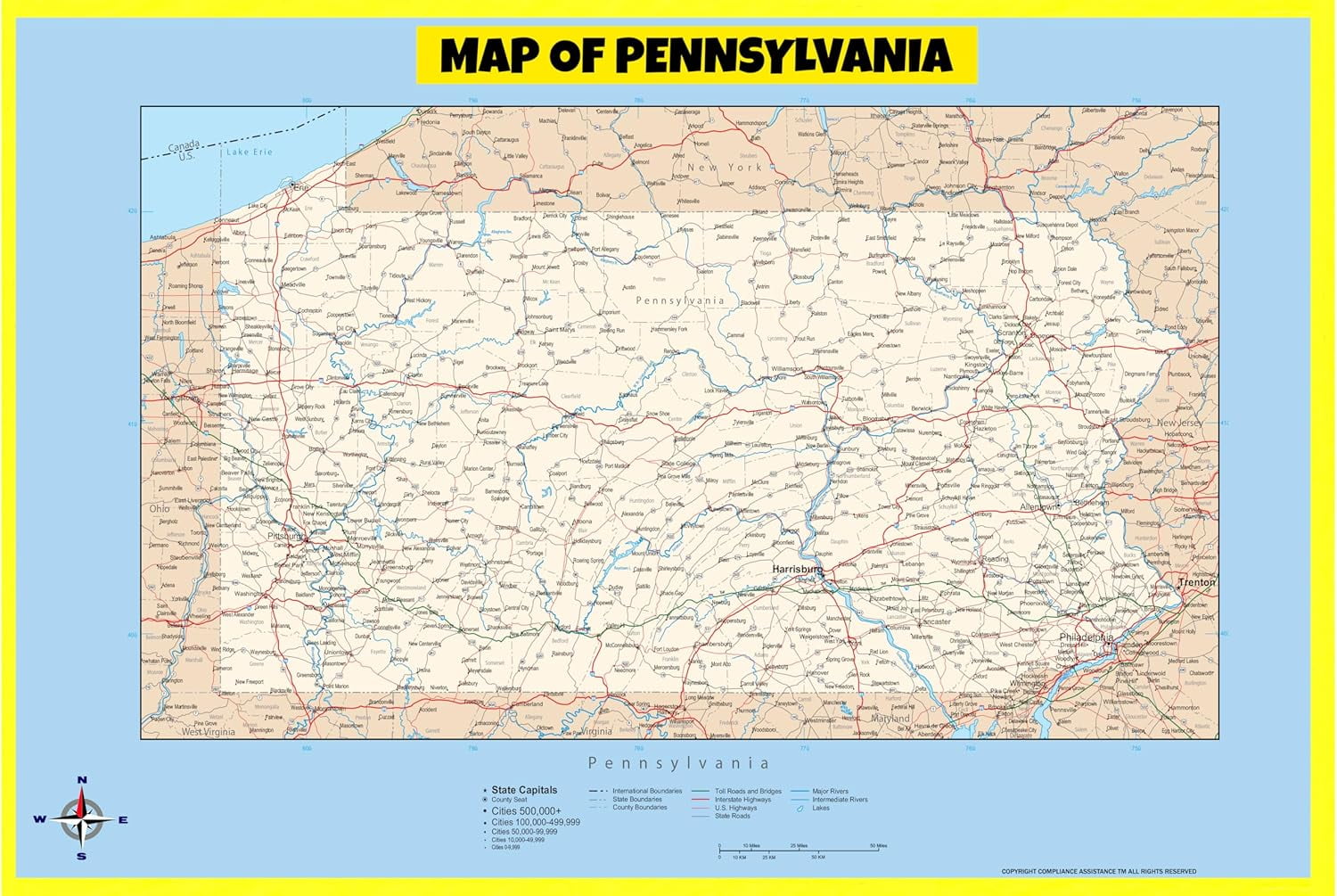 Pennsylvania Map Poster - Laminated Wall Map - Style E - 24x36 - Ideal ...