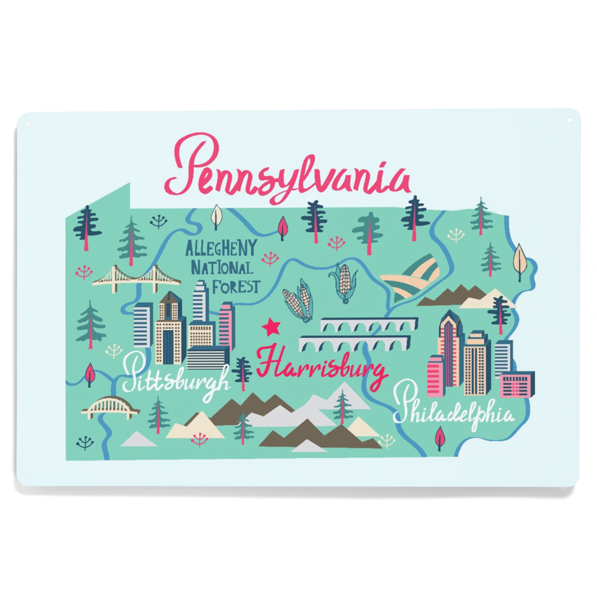 Pennsylvania, State and Icon, Line Drawing (12x18 Aluminum Art, Indoor ...