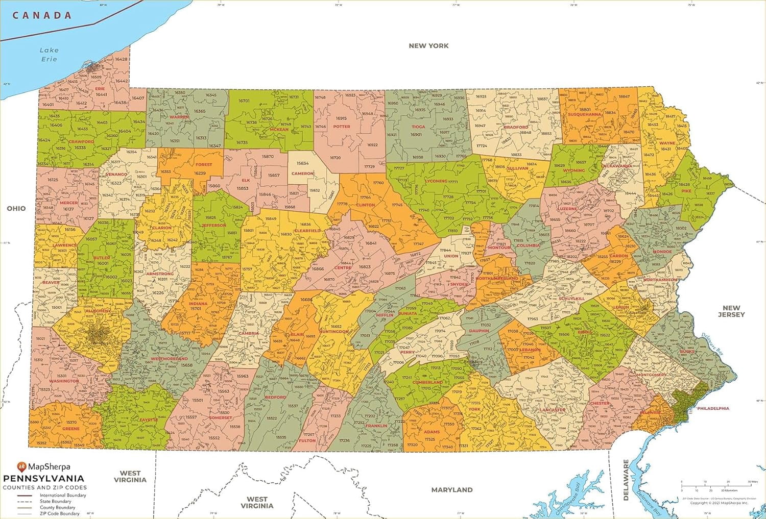 Pennsylvania ZIP Code Map with Counties - Standard - 36" x 24.5 ...