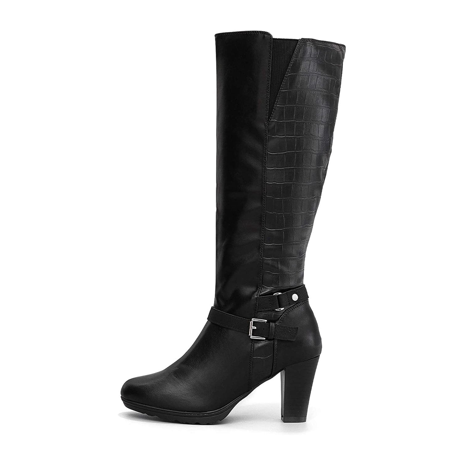 Pennysue Women Knee High Boots Black PU Wide Calf Chunky Heel Booties ...