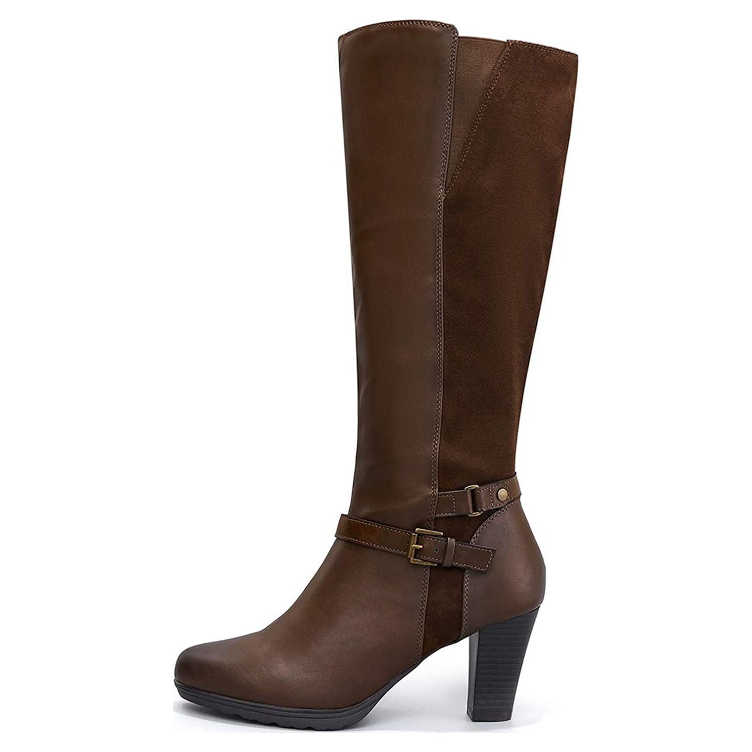Pennysue Women Knee High Boots Brown Wide Calf Chunky Heel Booties For ...