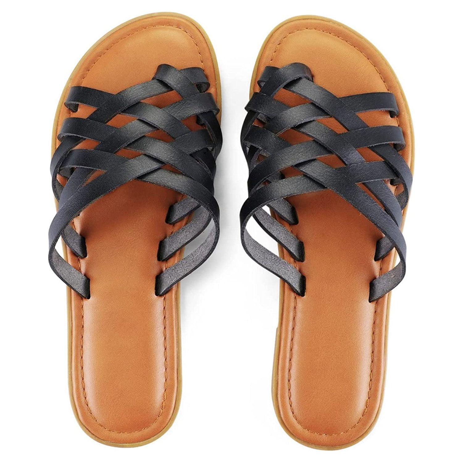 Pennysue Women Strappy Slippers Summer Black Flat Sandals Size 11 ...