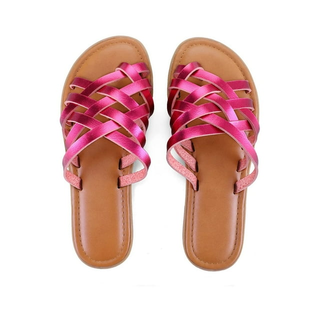 Pennysue Women Strappy Slippers Summer Red Flat Sandals Size 8 ...