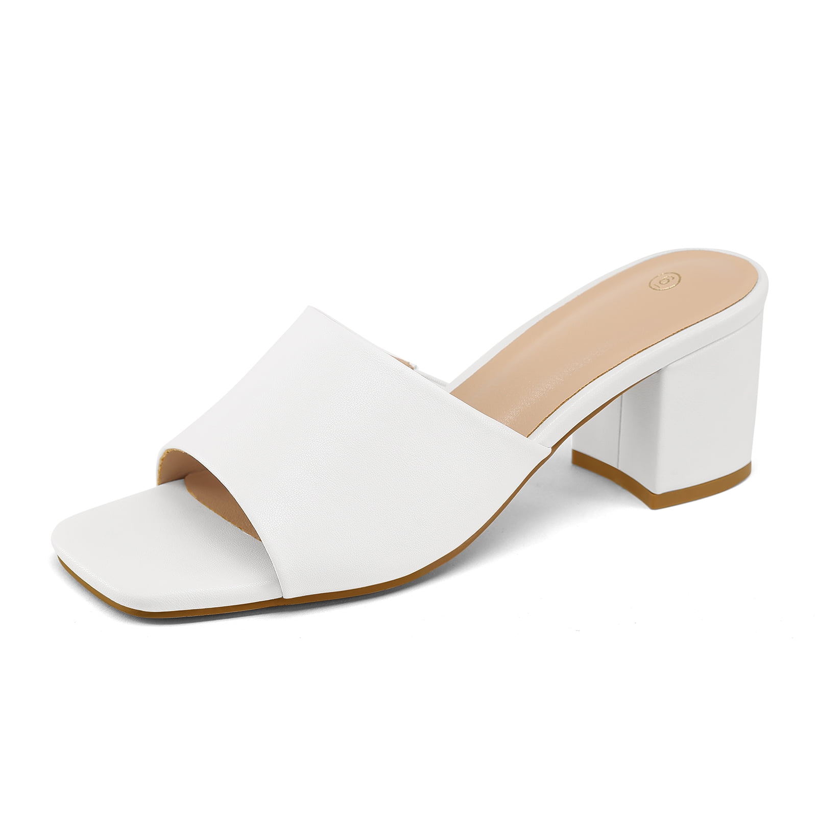 Pennysue Women's Block Heel Mule Sandals White Backless Slip On Sandals ...