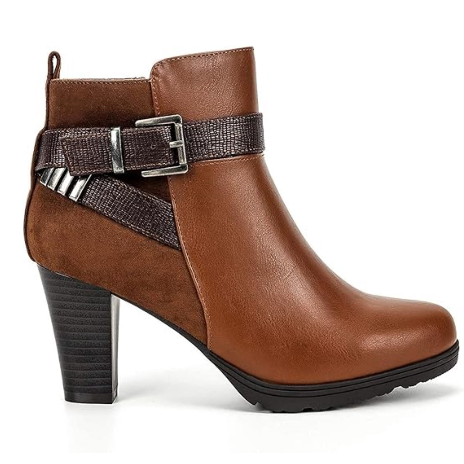 Pennysue Women's Brown Short Boots Thin Chunky Heel Zipper Ankle ...